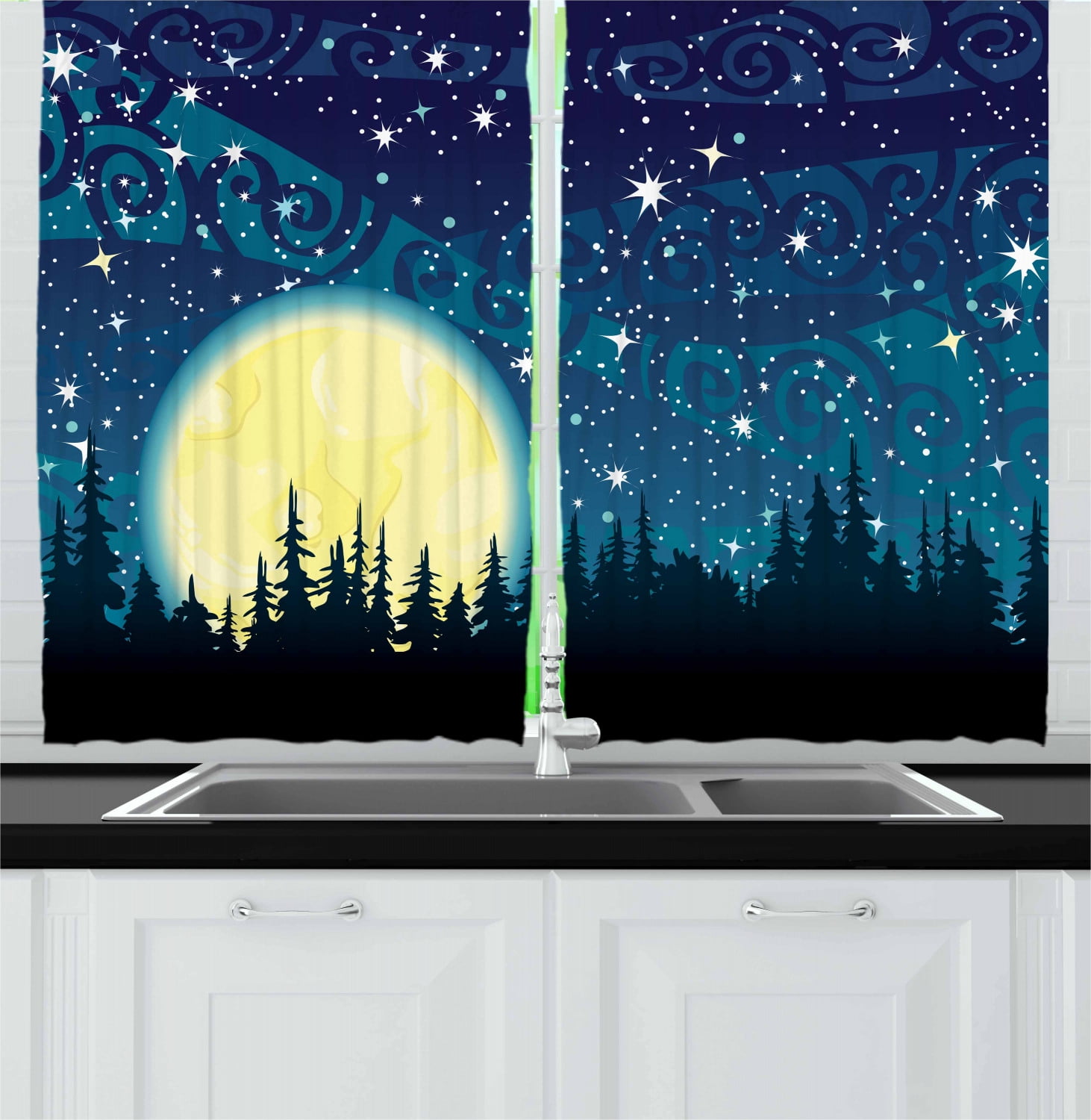 Starry Night Curtains 2 Panels Set, Full Moon over the Forest Sky with ...