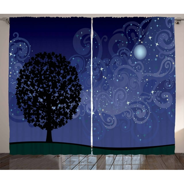 Ambesonne Starry Night Curtains 2 Panel Set, Tree Silhouette, 108" x 96 ...