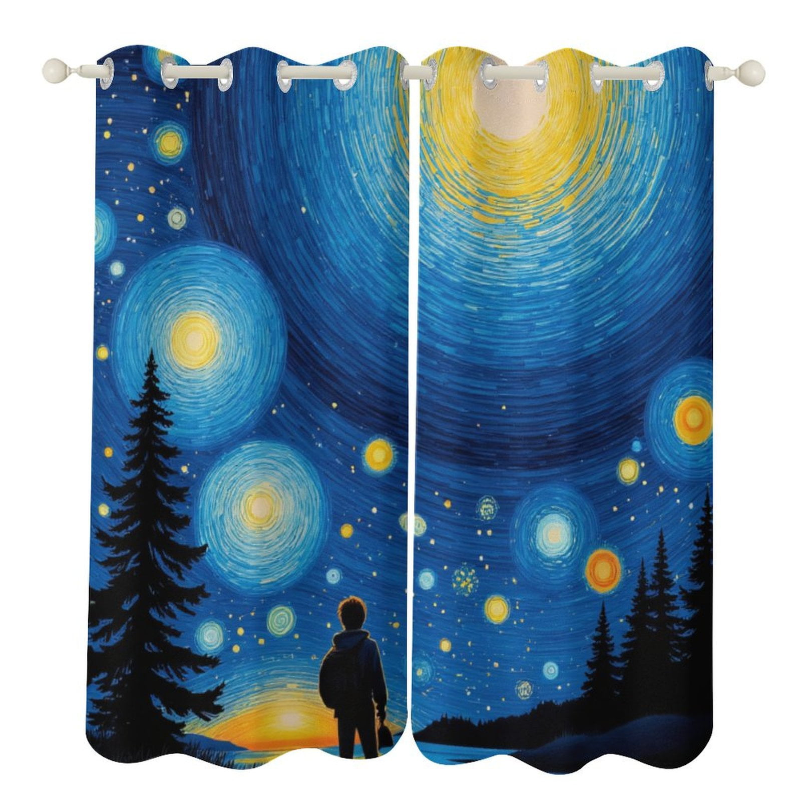 Starry Night Forest Silhouette Blackout Window Curtains for Bedroom ...