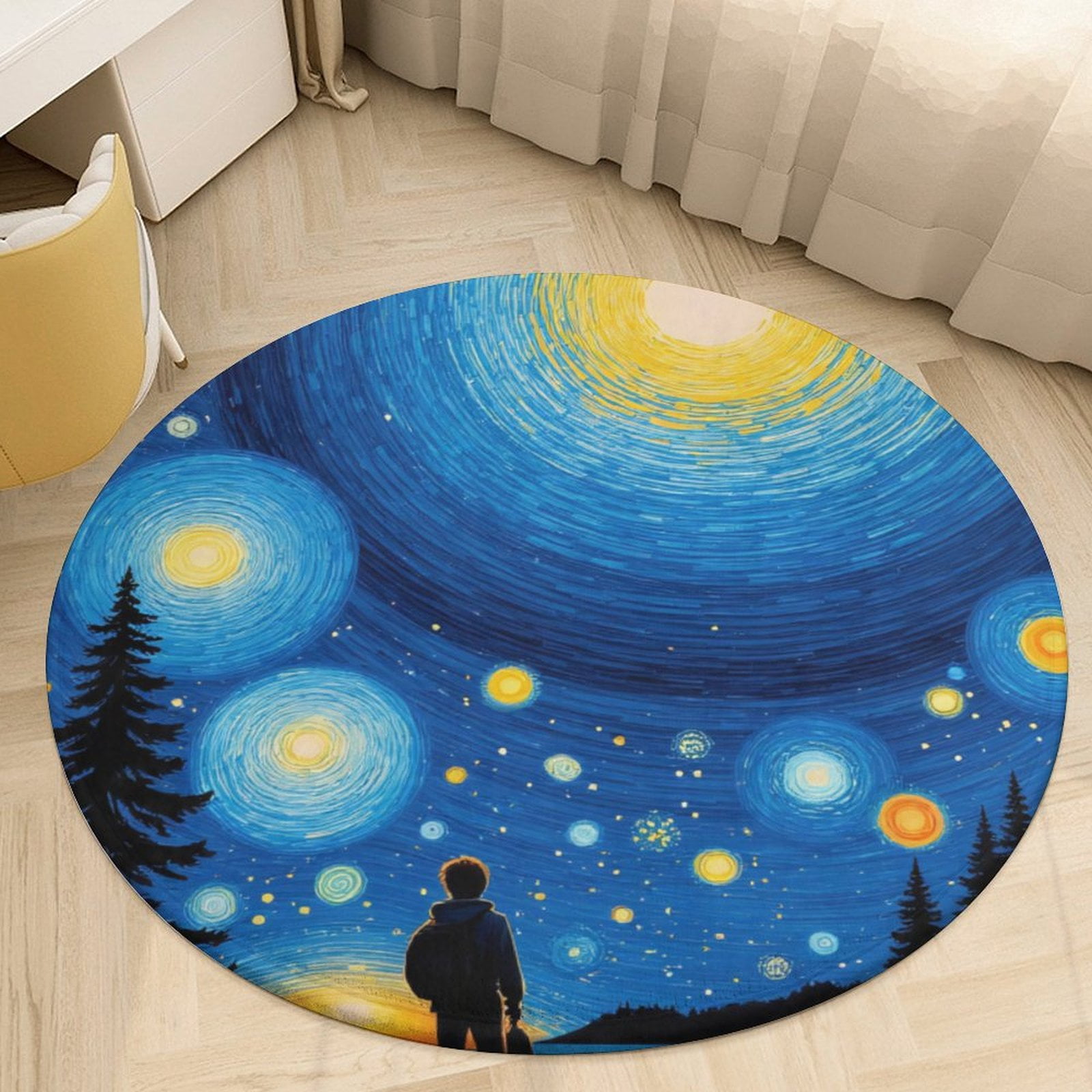 Starry Night Forest Silhouette Round Area Rugs for Bedroom Living Room ...