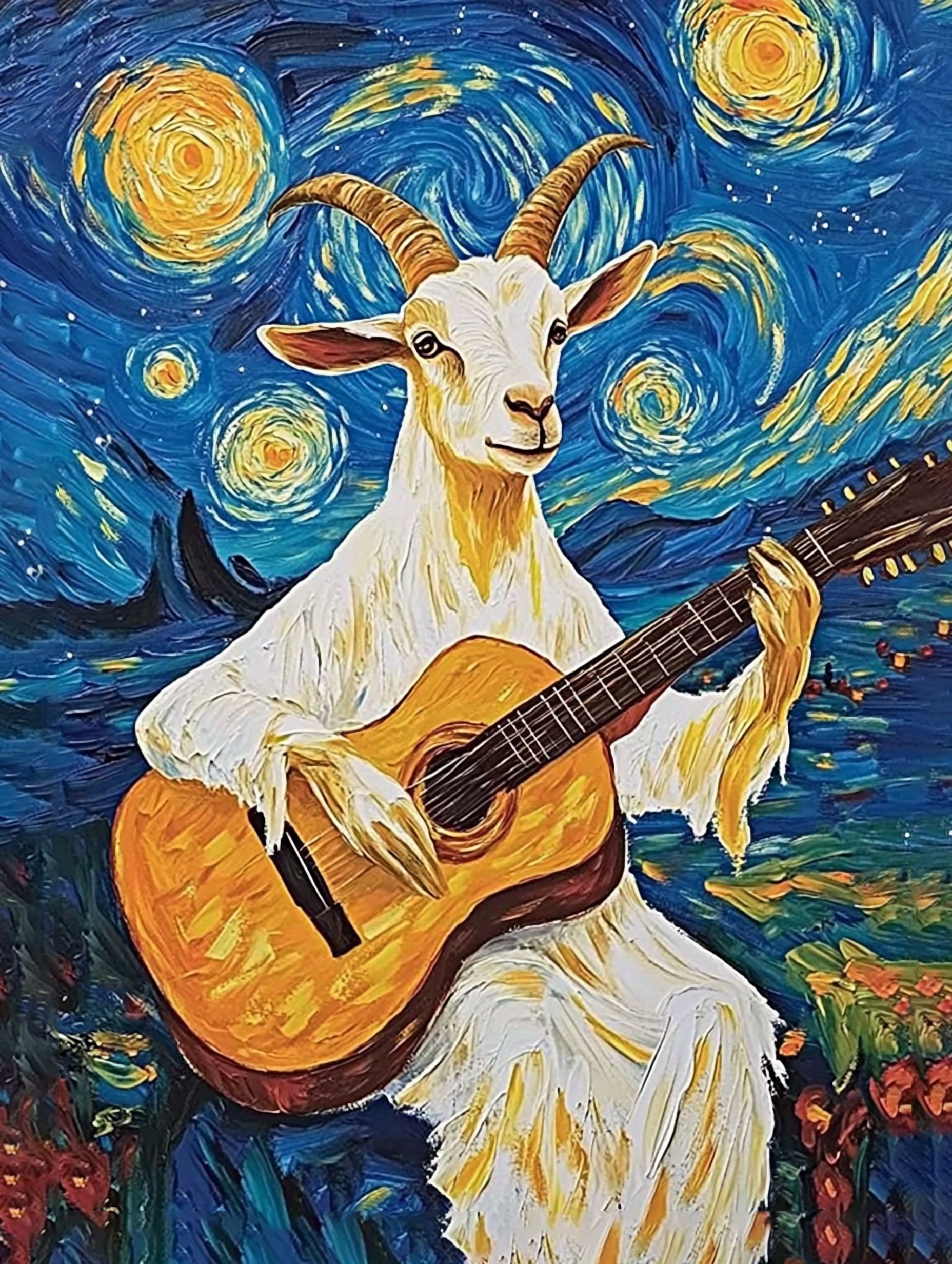 Starry Night Goat Playing Guitar Canvas Wall Art Suitable for Living ...