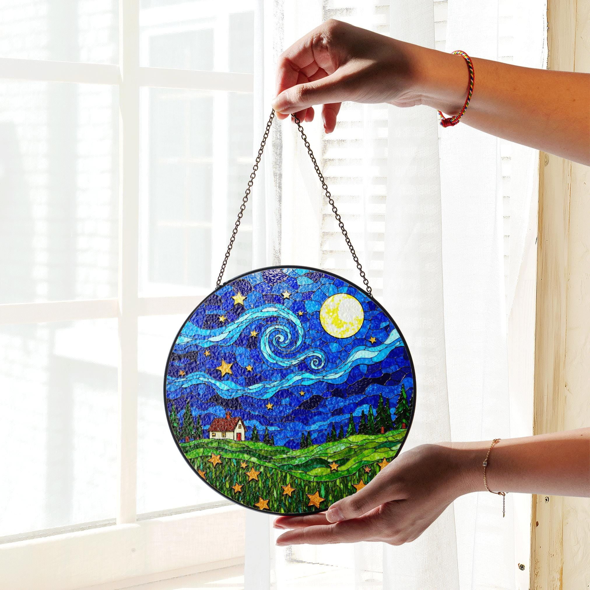 Starry Night Inspired Suncatcher with Moon and Stars for Home Decor ...