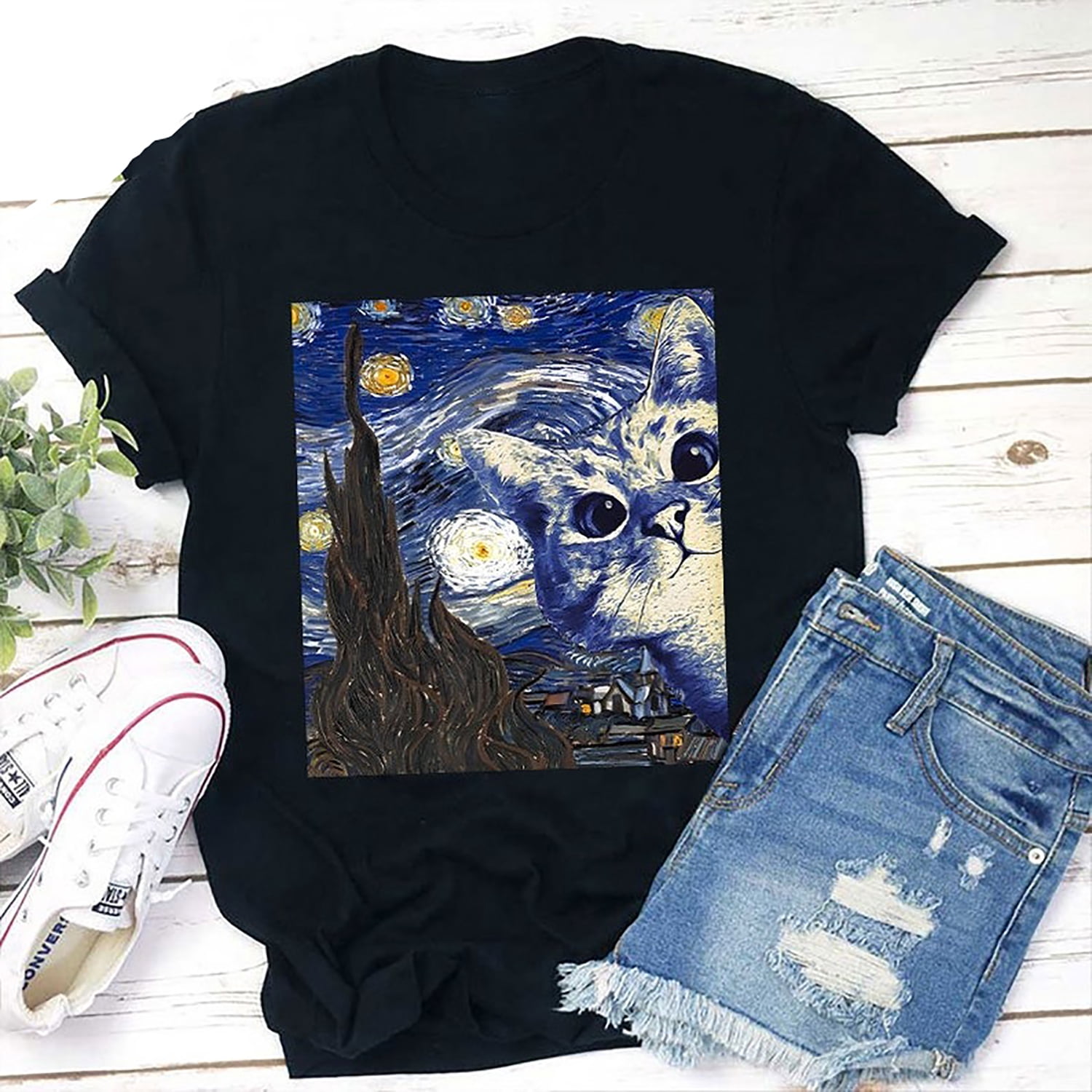 Starry Night Kitten Vintage T-Shirt, Vincent Van Gogh Shirt, Van Gogh ...