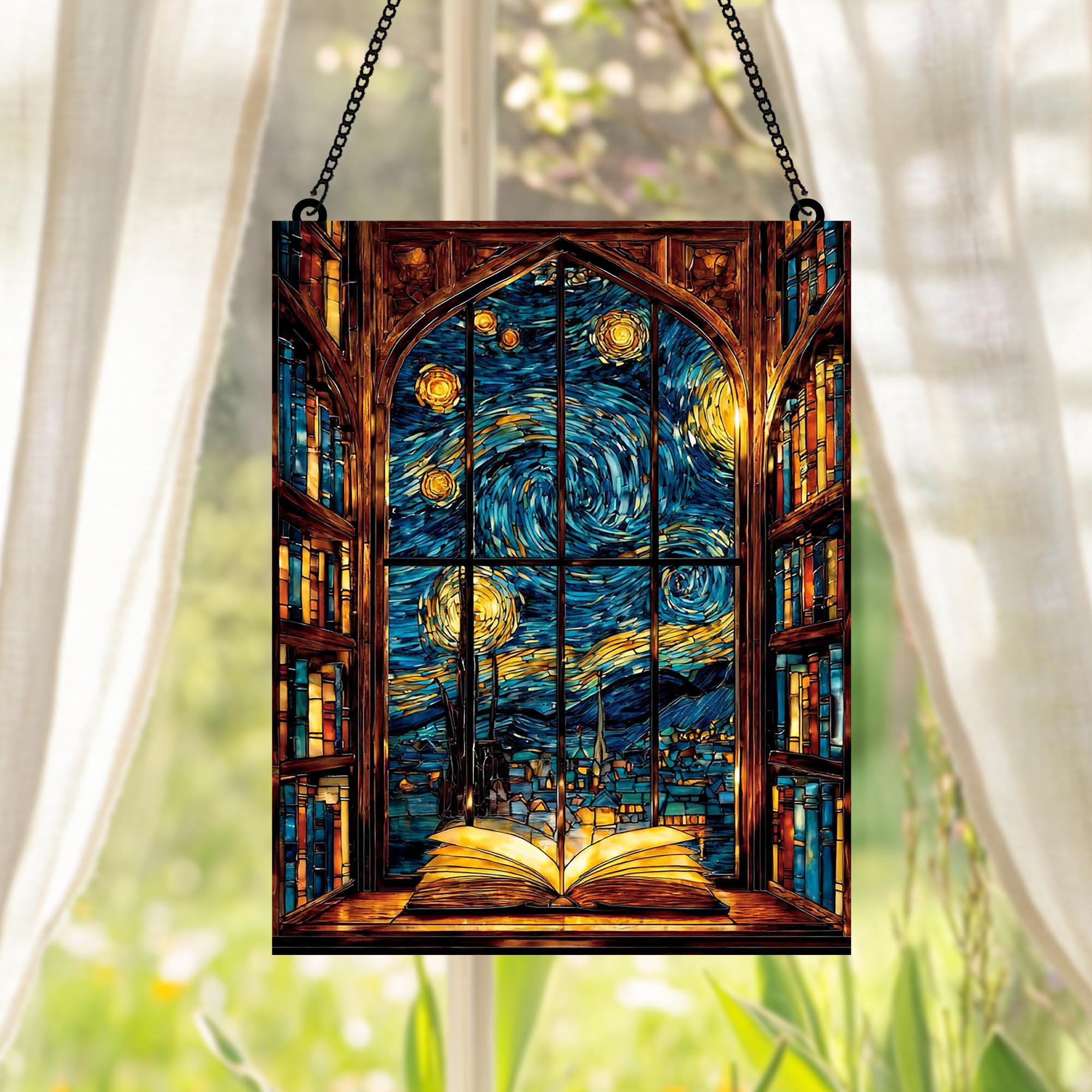 Starry Night Library Acrylic Suncatcher â€“ Faux Stained Glass Window ...