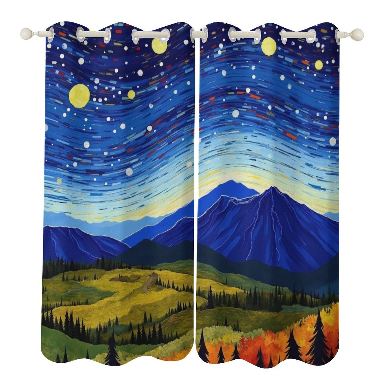 Starry Night Mountain Landscape Blackout Window Curtains for Bedroom ...