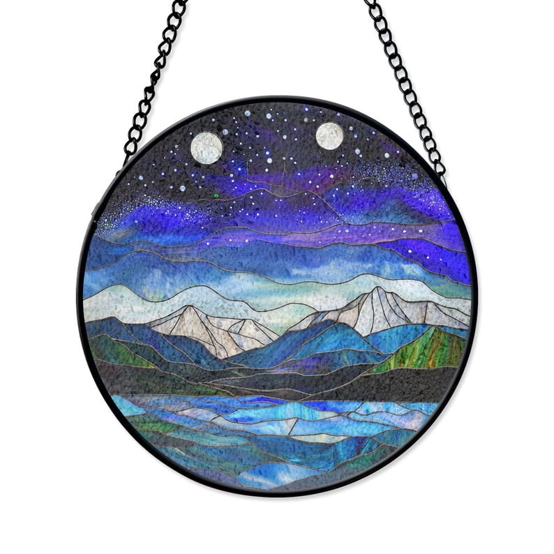 Starry Night Mountain Landscape Stained Glass Window Hanging, Celestial ...
