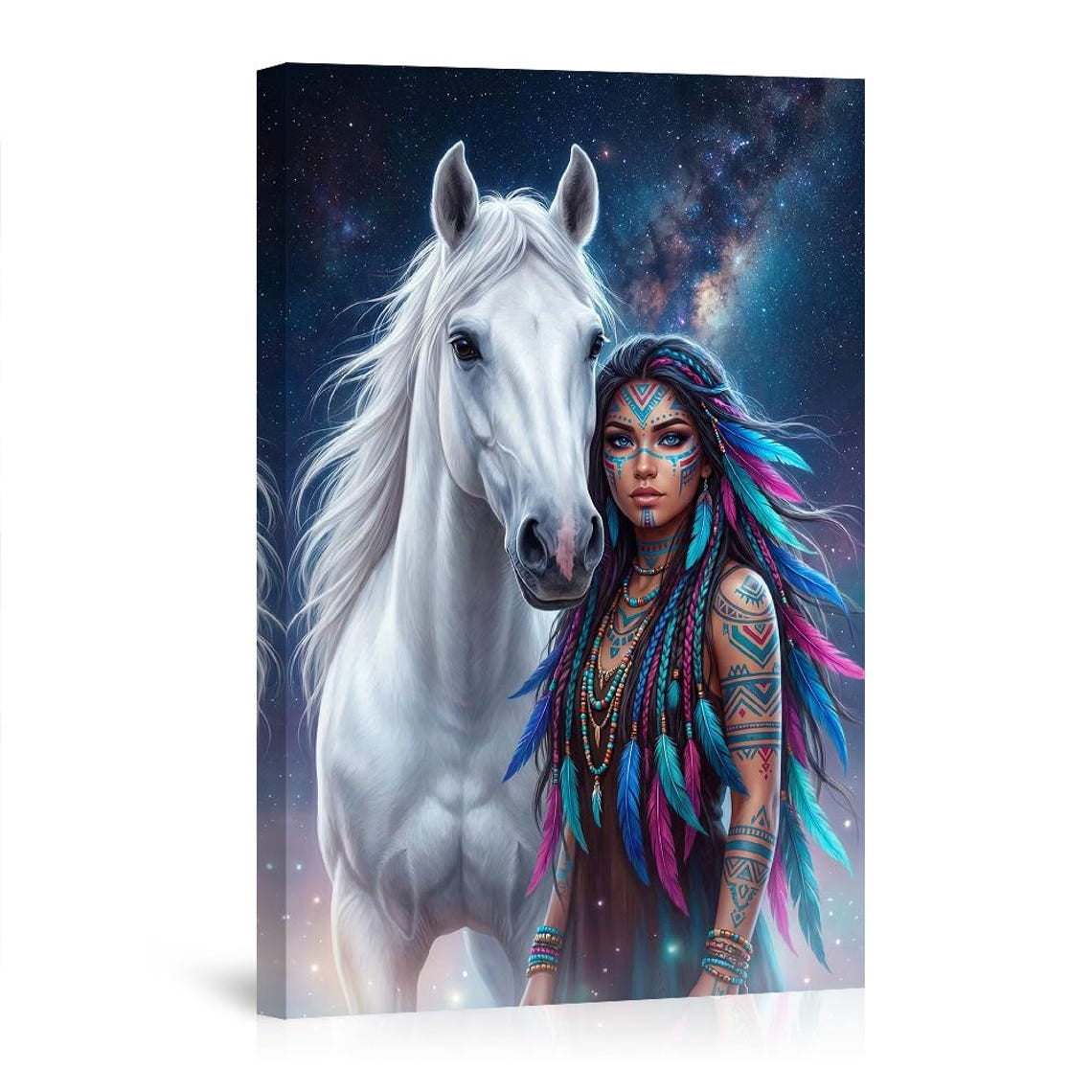 Starry Night Native Woman And White Horse Canvas - Walmart.com