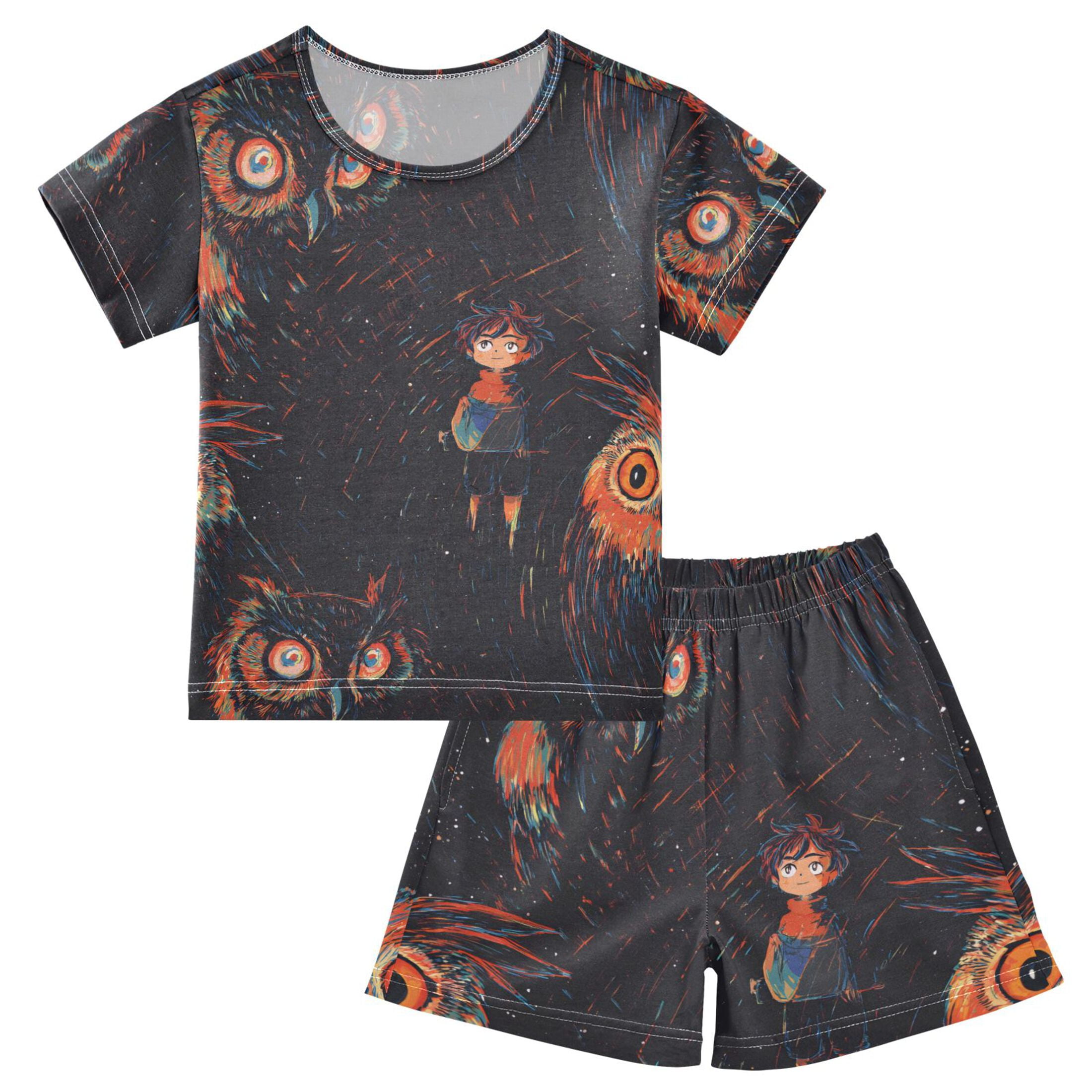 Starry Night Owls and People Summer Pajama Set Soft Cotton Short Sleeve ...