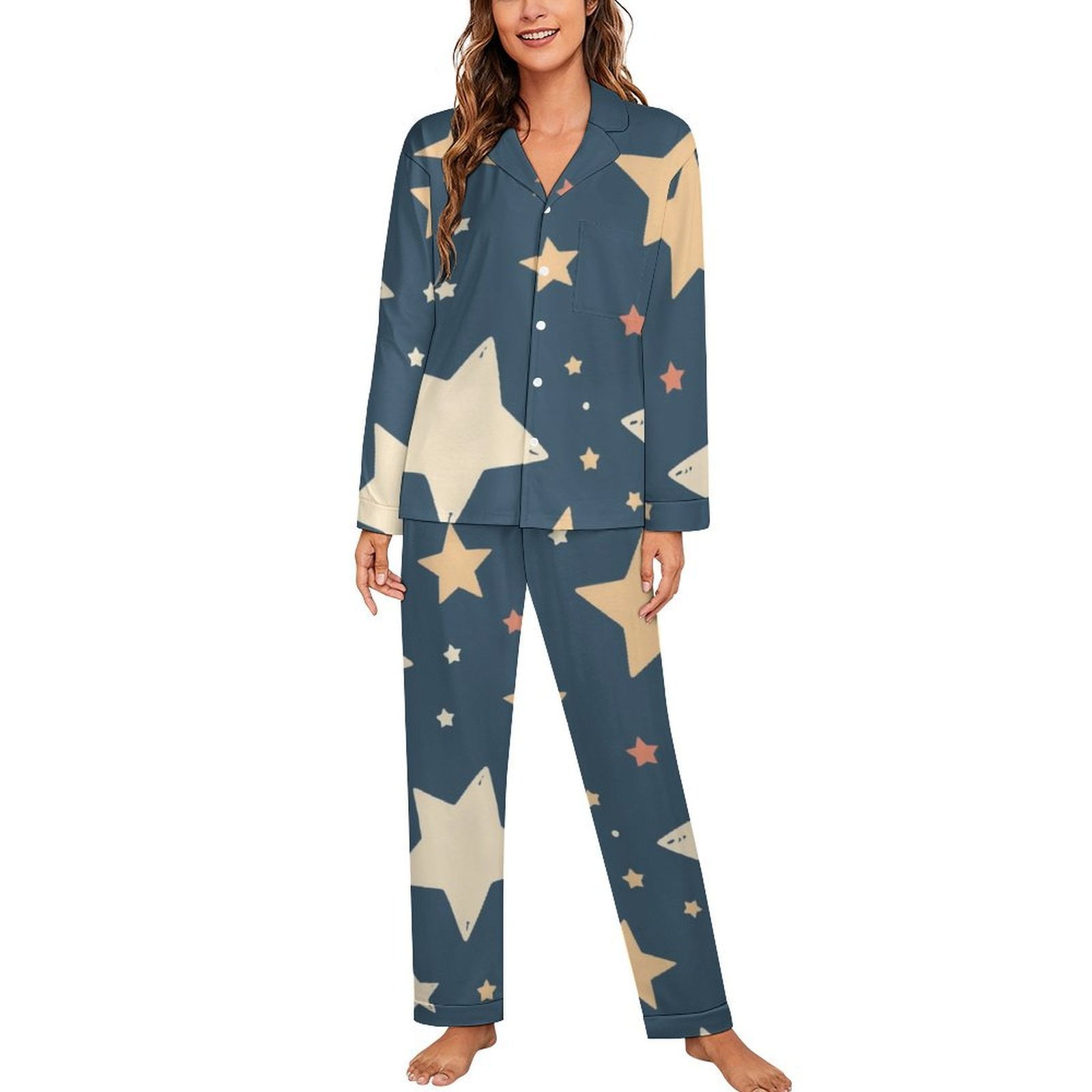 Starry Night Pattern Pajamas Night V Neck Nightwear Lady Two Piece Long ...