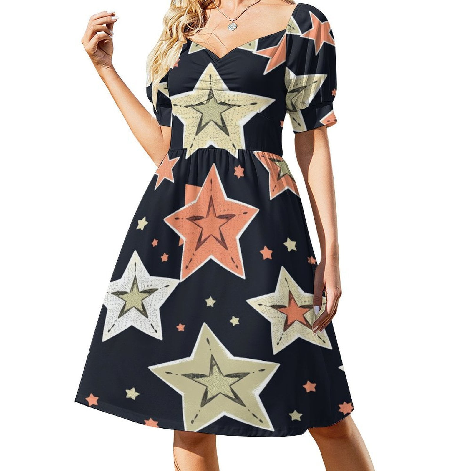 Starry Night Pattern Short Sleeved Dress Bridesmaid Dress Woman Party ...