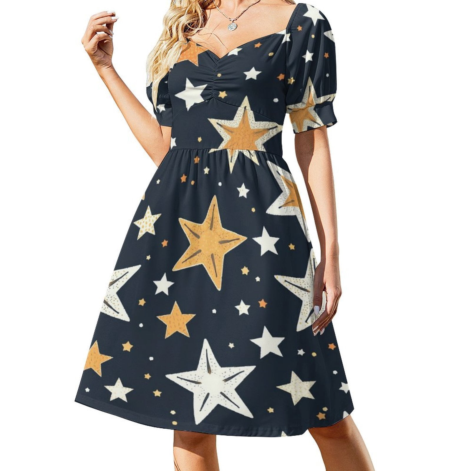 Starry Night Pattern Short Sleeved Dress Fairy Dress Evening Gown Women ...