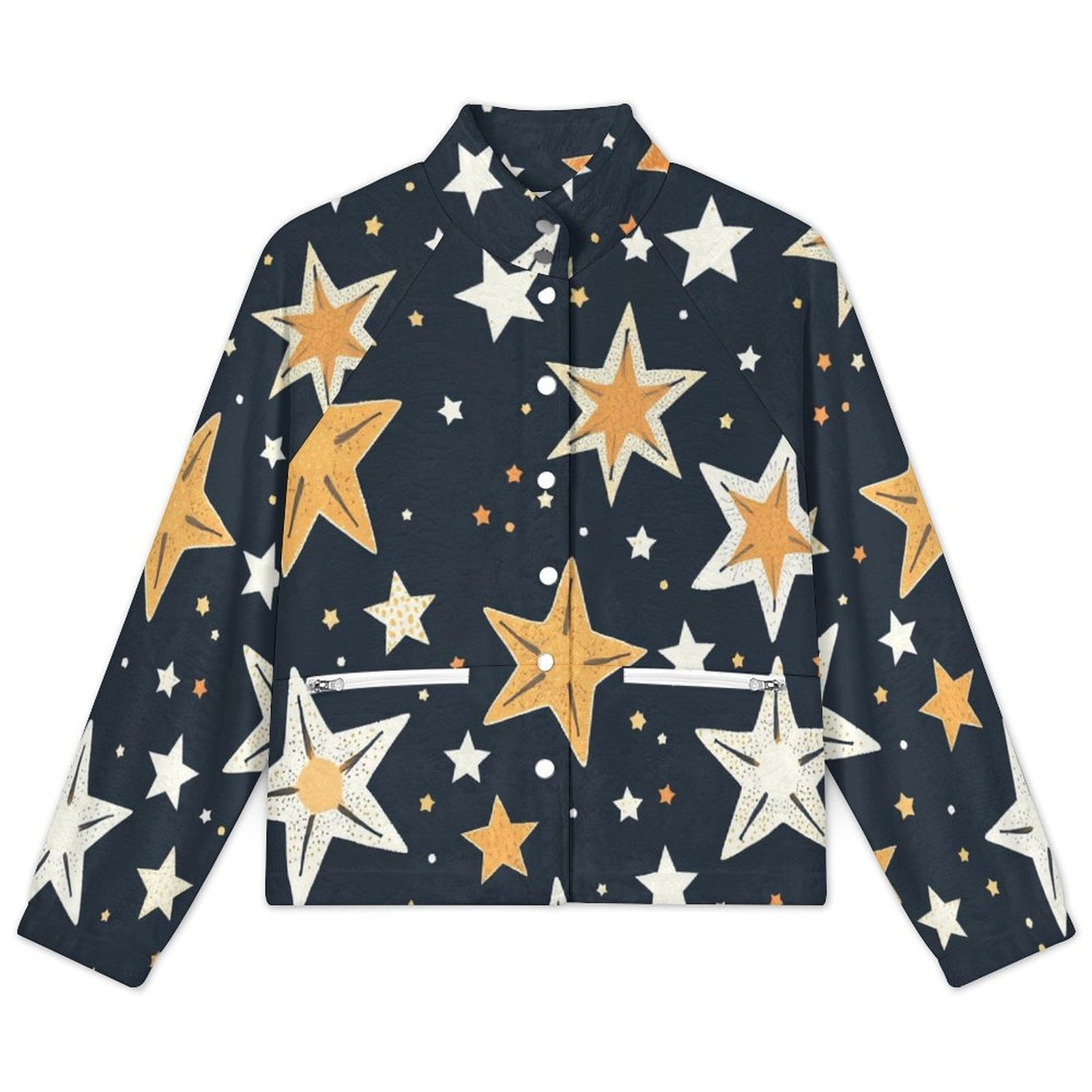 Starry Night Pattern Warm Women's Plush Jacket Stand Collar Full Sleeve ...