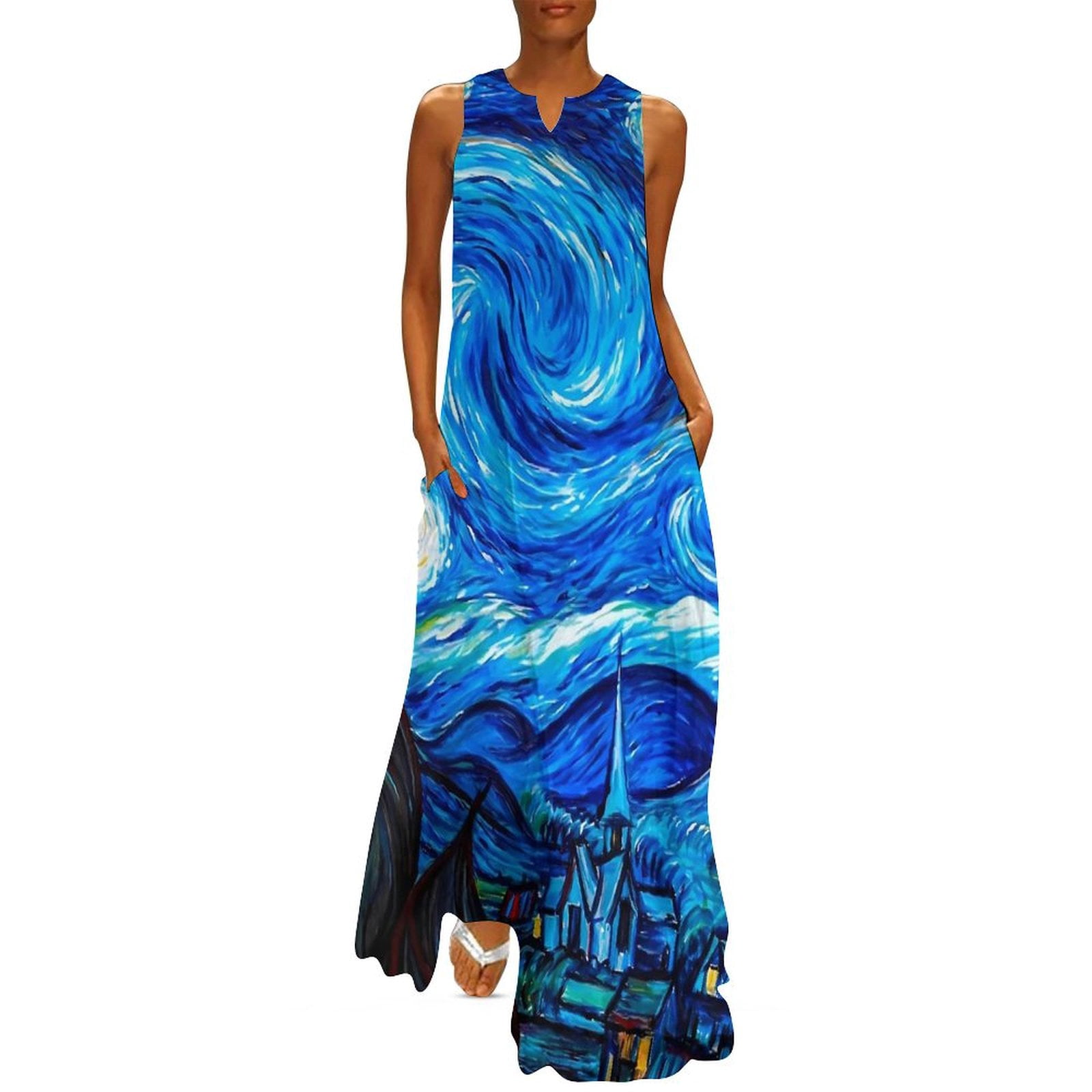 Starry Night Print Dress Spring Abstract Swirls Street Wear Casual Long ...