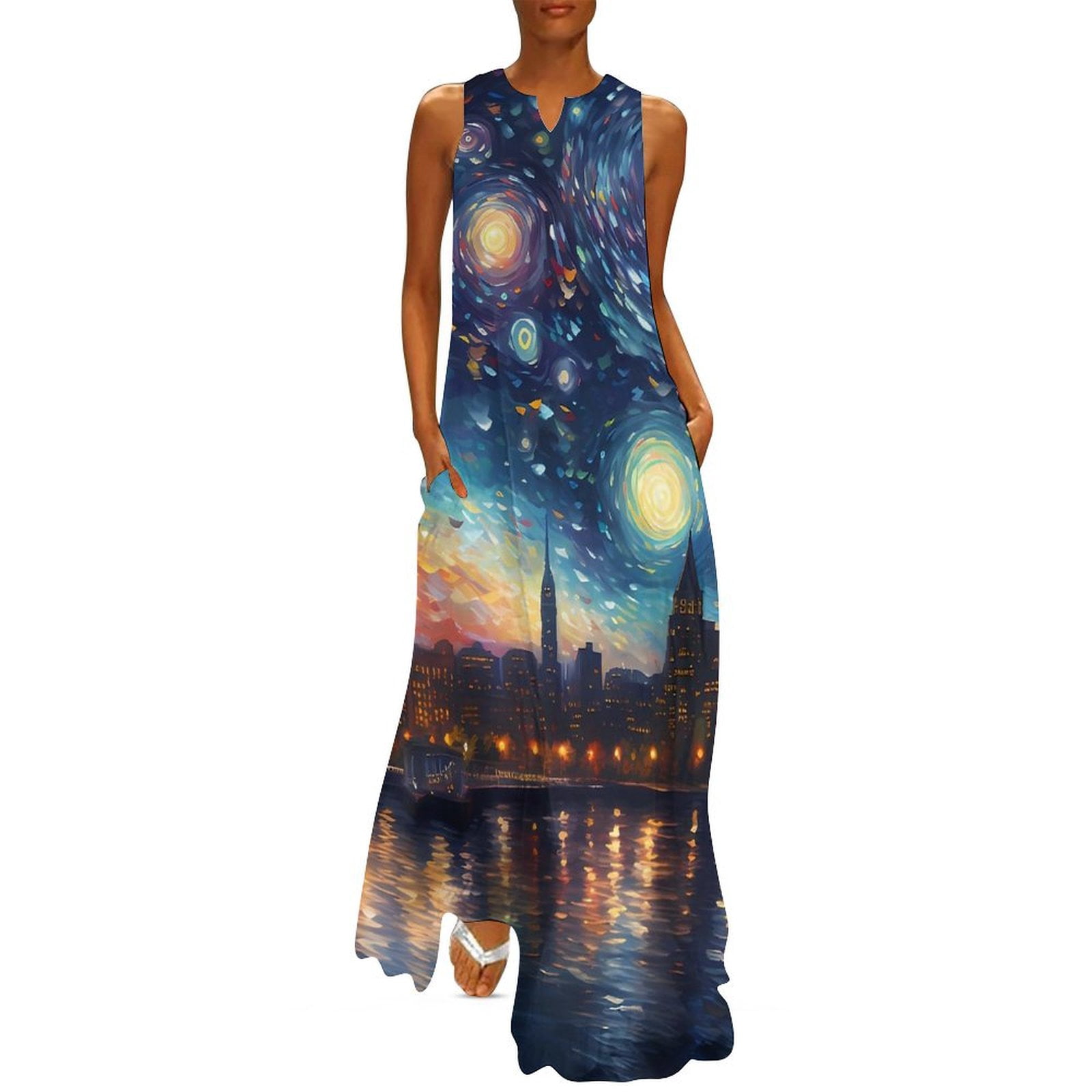Starry Night Print Dress Vincent Maxi Dress Fashion Boho Beach Long ...