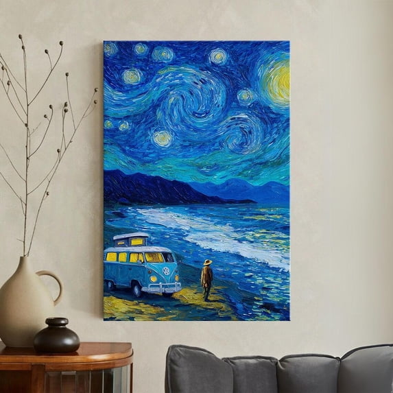Starry Night Retro Camper Van Poster Ocean Beach Wall Art, Unframed ...