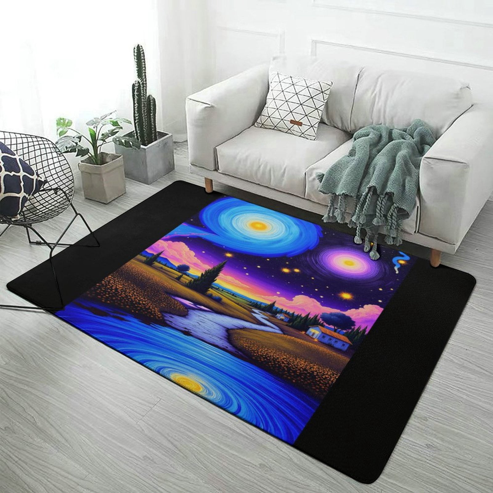 Starry Night River Landscape Carpet Style Living Room Bedroom Rug Soft ...
