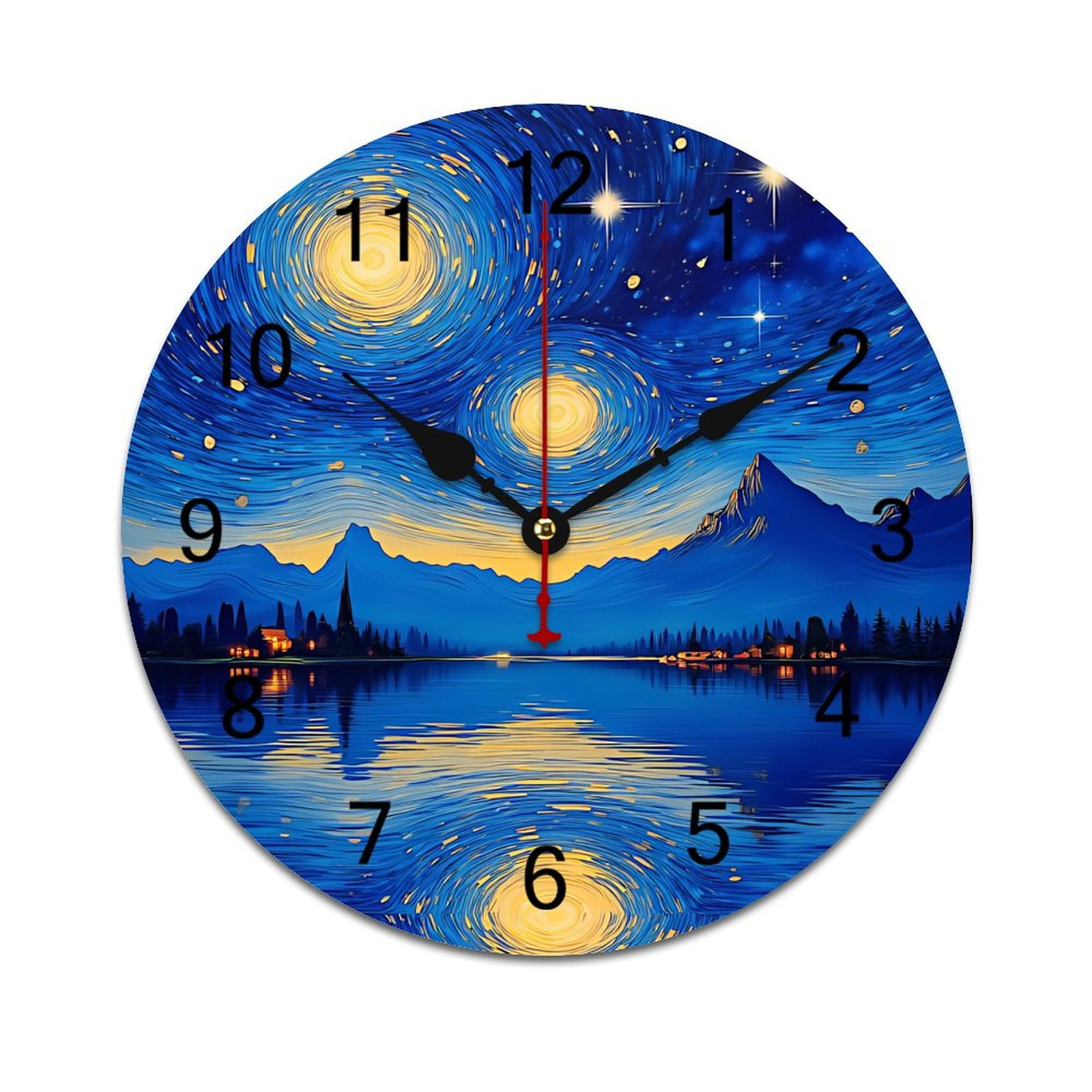 Starry Night Scene with A Lake And Mountains Printed Silent Wall Clock ...