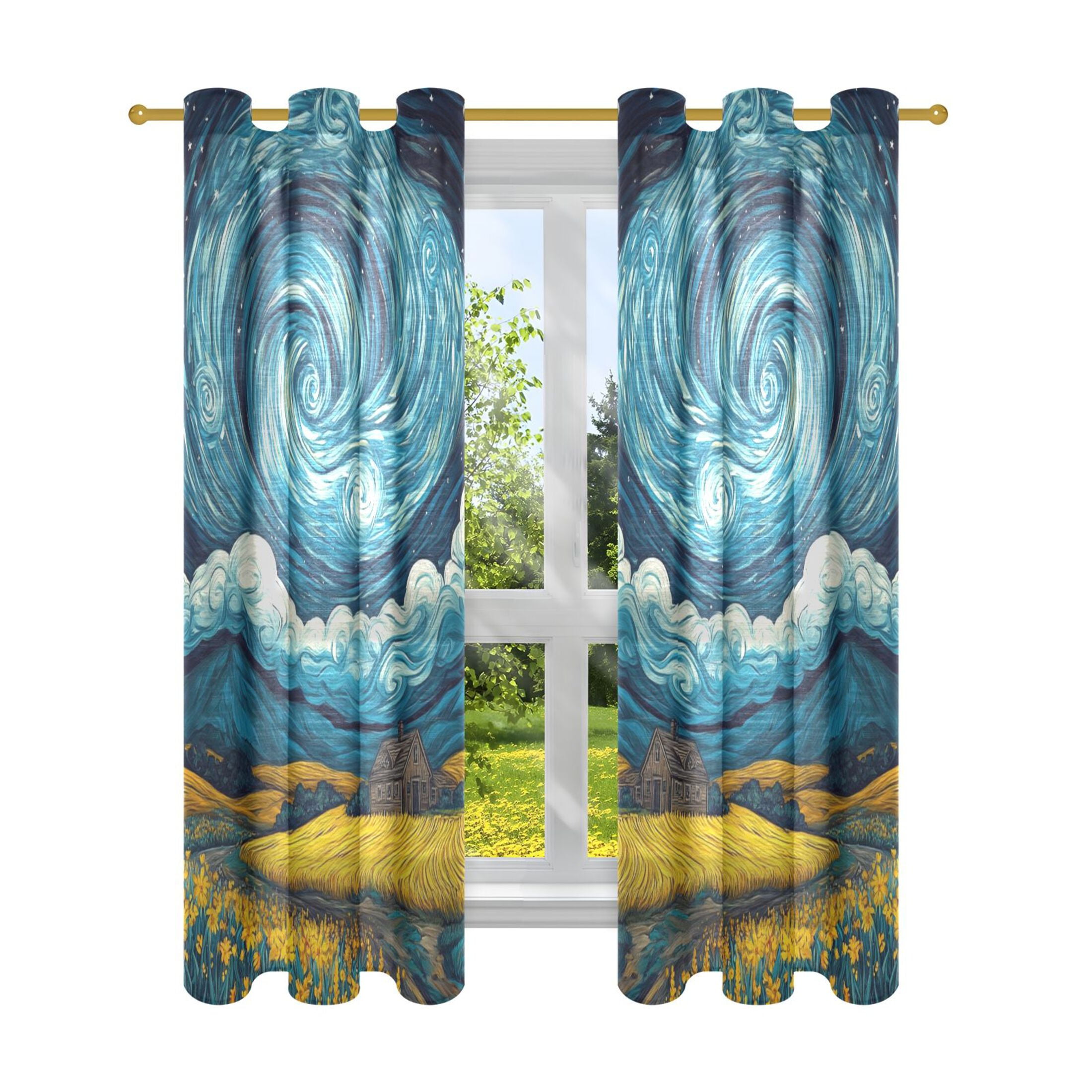 Starry Night Scenery Semi Sheer Curtains for Living Room Bedroom Set of ...