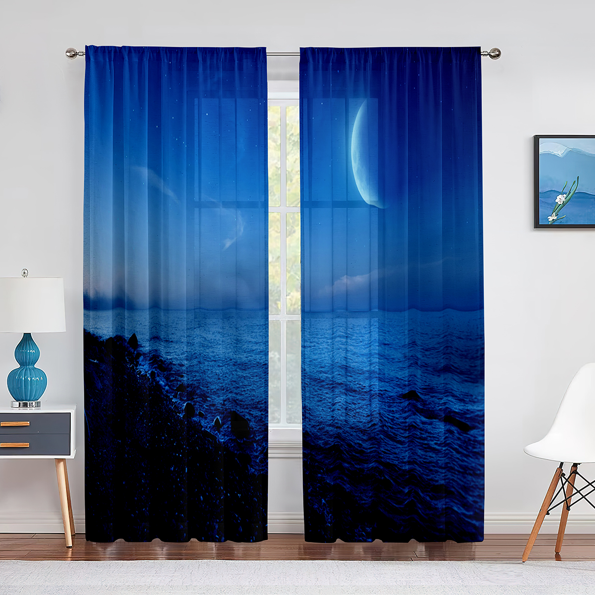 Starry Night Scenery Sky with Stars Moon Tulle Curtains for Living Room ...