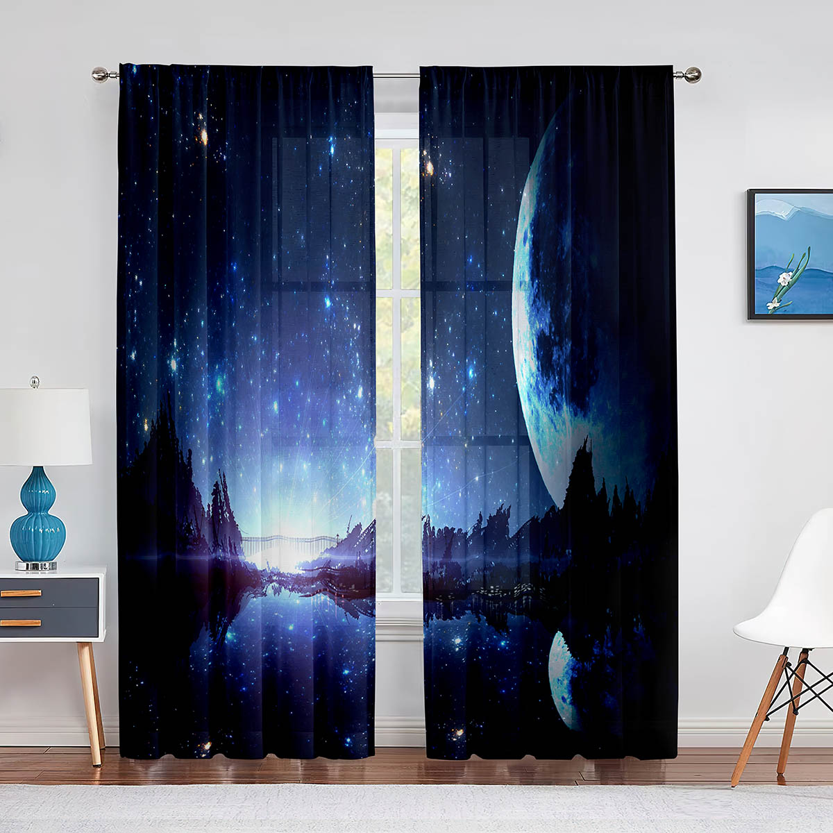 Starry Night Scenery Sky with Stars Moon Tulle Curtains for Living Room ...