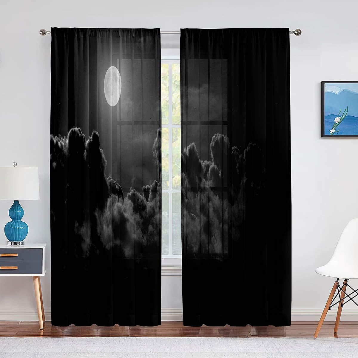 Starry Night Scenery Sky with Stars Moon Tulle Curtains for Living Room ...