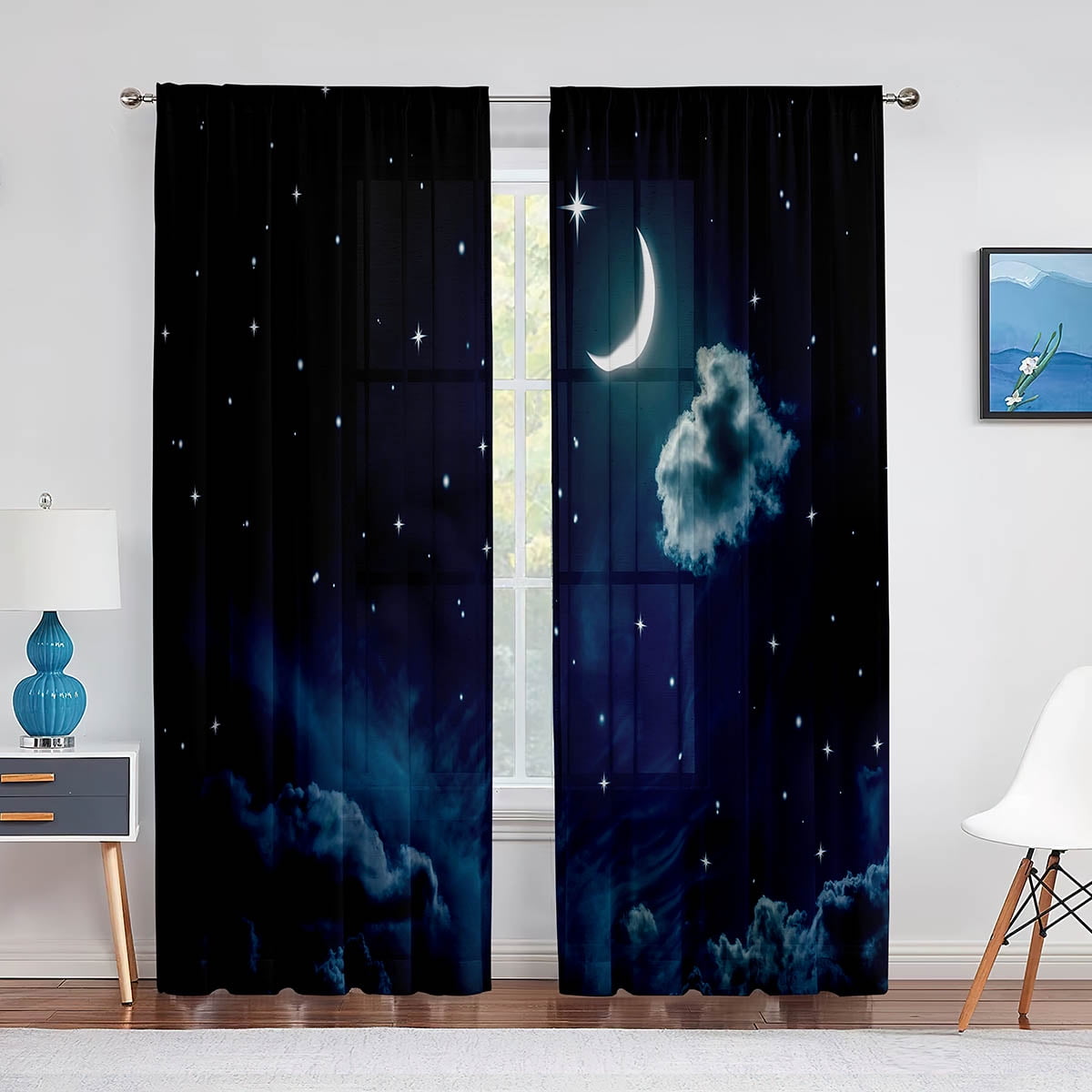 Starry Night Scenery Sky with Stars Moon Tulle Curtains for Living Room ...