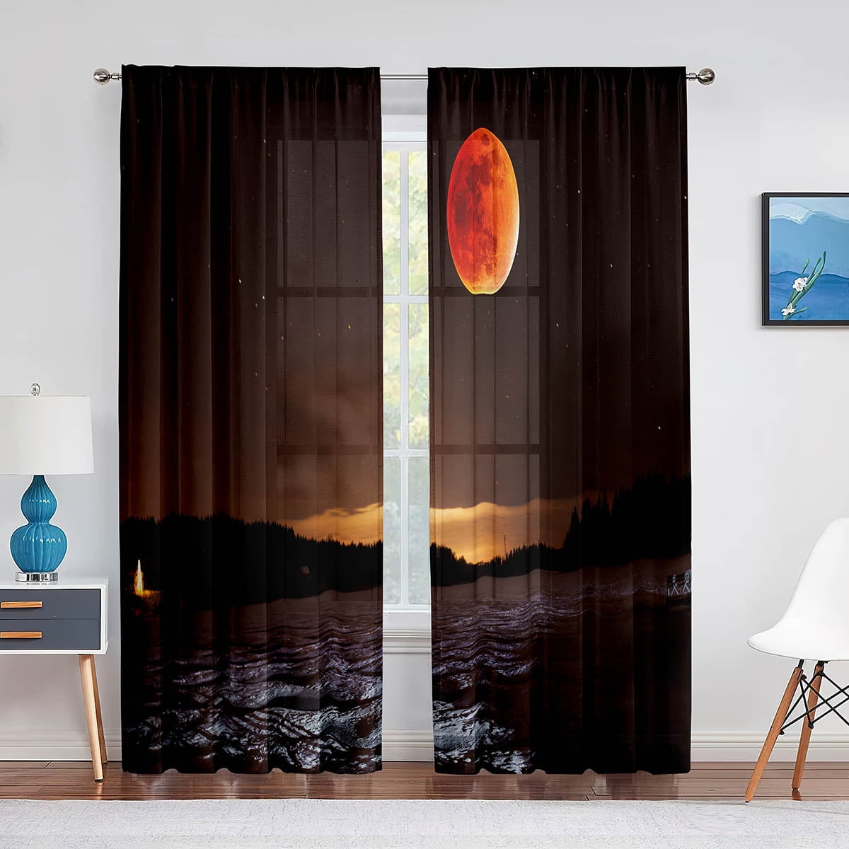 Starry Night Scenery Sky with Stars Moon Tulle Curtains for Living Room ...
