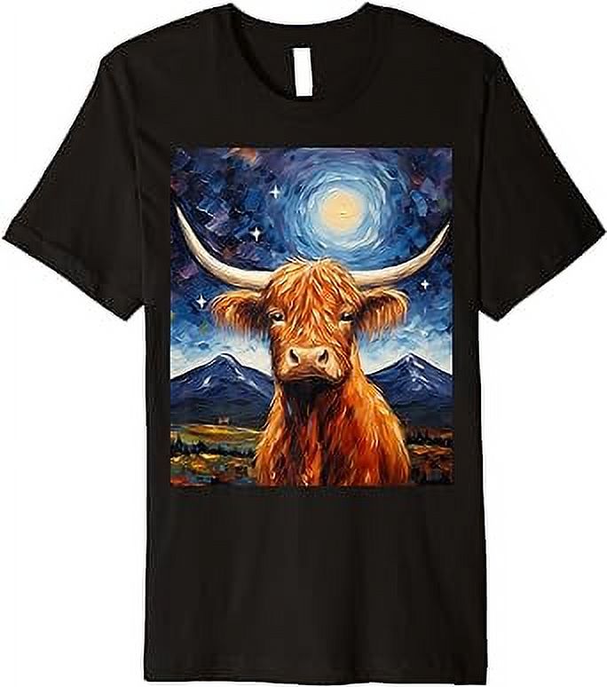 Starry Night Scottish Highlander Cow van Gogh Painting Premium T-Shirt ...