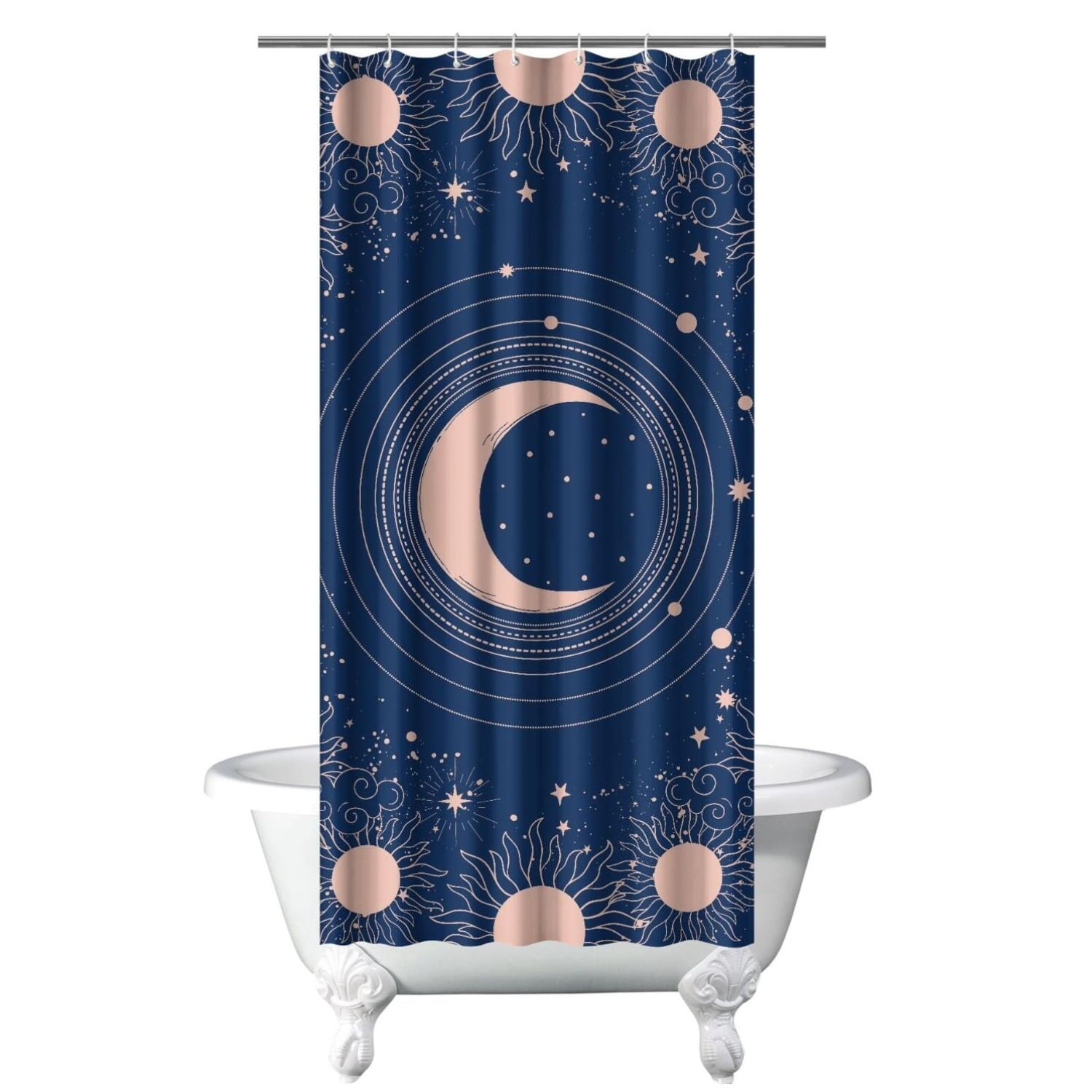 Starry Night Shower Curtain - Gothic Celestial Sun Moon Cosmic Aesthetic Black Gold Design ...