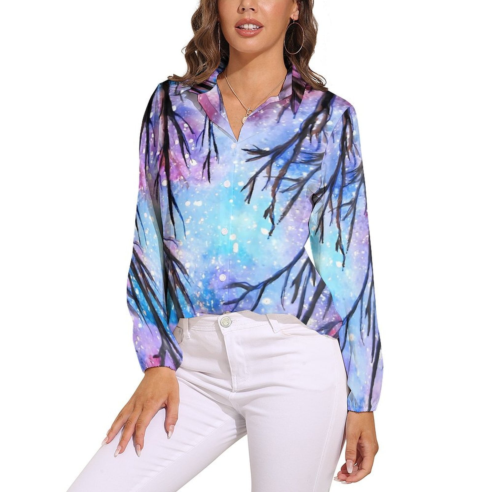Starry Night Sky Blouse Magical Galaxy Retro Design Blouses Women Long ...