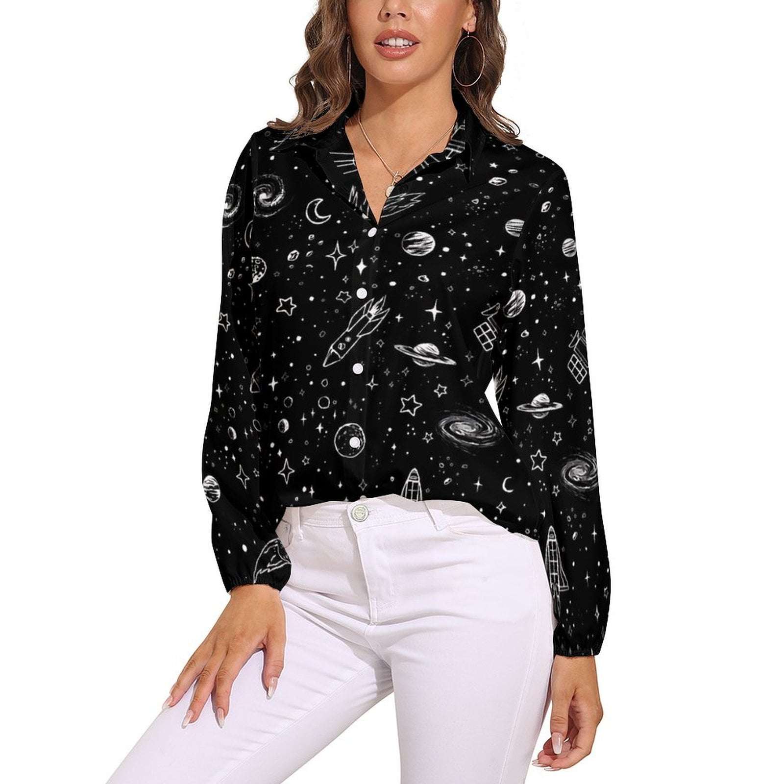 Starry Night Sky Blouse Magical Galaxy Retro Design Blouses Women Long ...