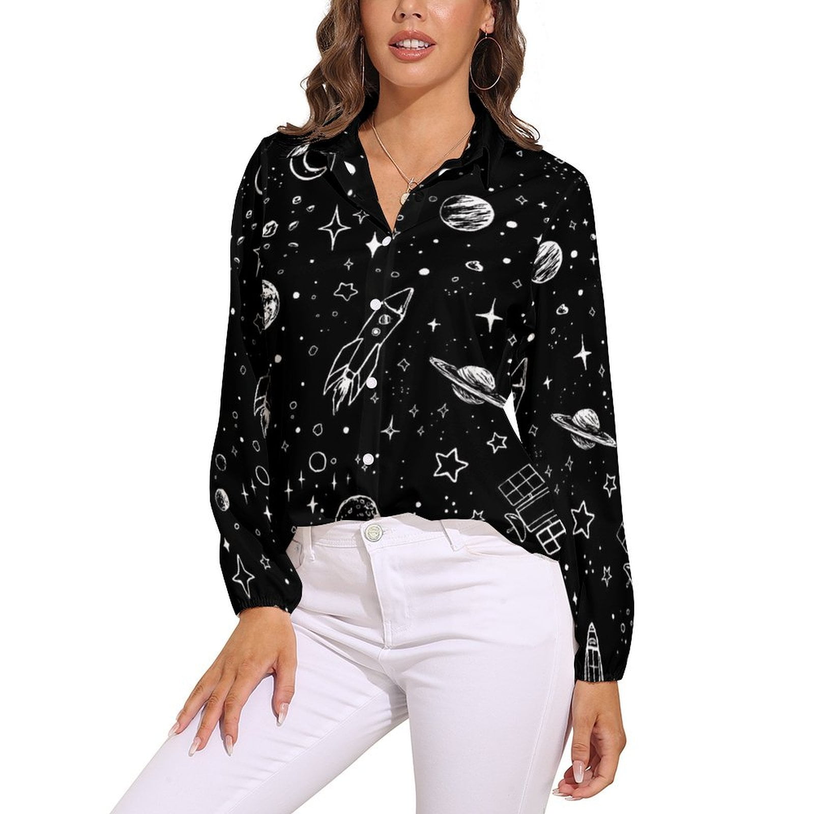 Starry Night Sky Blouse Magical Galaxy Retro Design Blouses Women Long ...