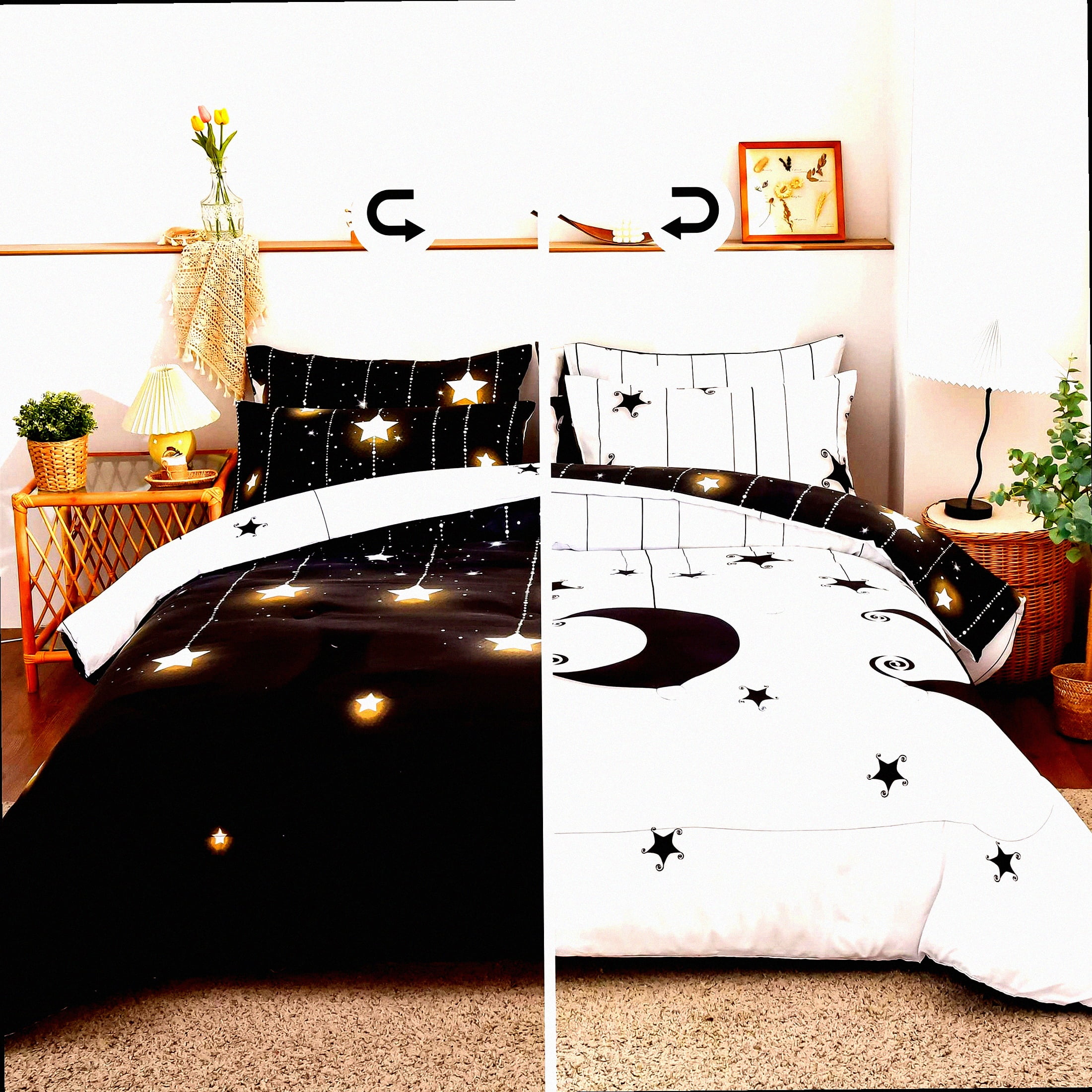 Starry Night Sky Comforter Set - Reversible Black White Bedding ...
