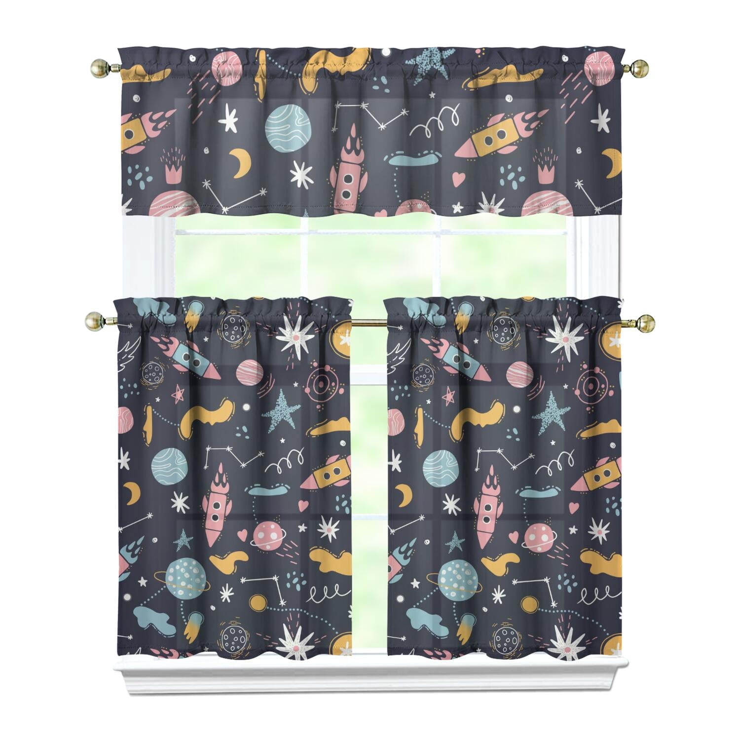 Starry Night Sky Kitchen Curtains - 3 Piece Set, Moon and Stars Print ...
