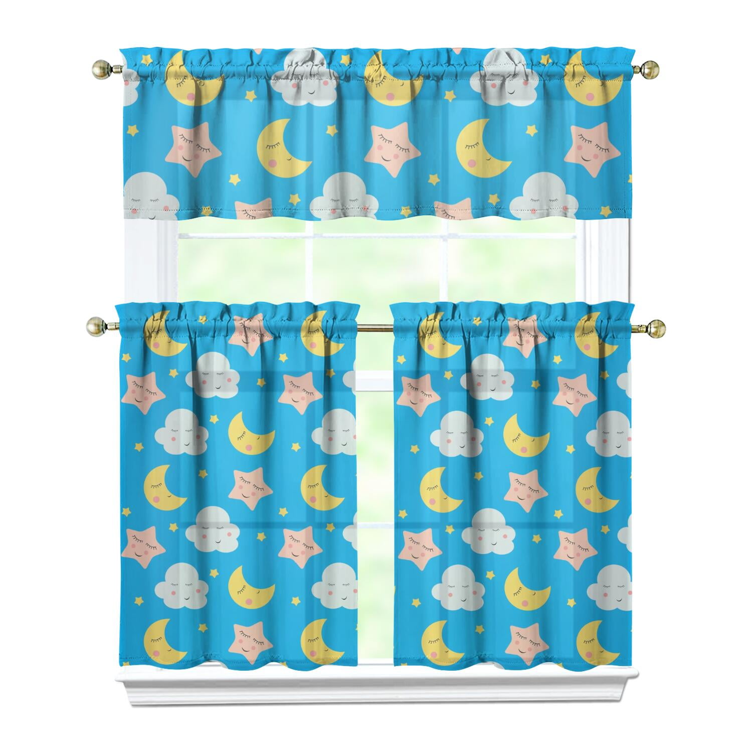 Starry Night Sky Kitchen Curtains Set of 3, Astronaut Planet Cosmos ...