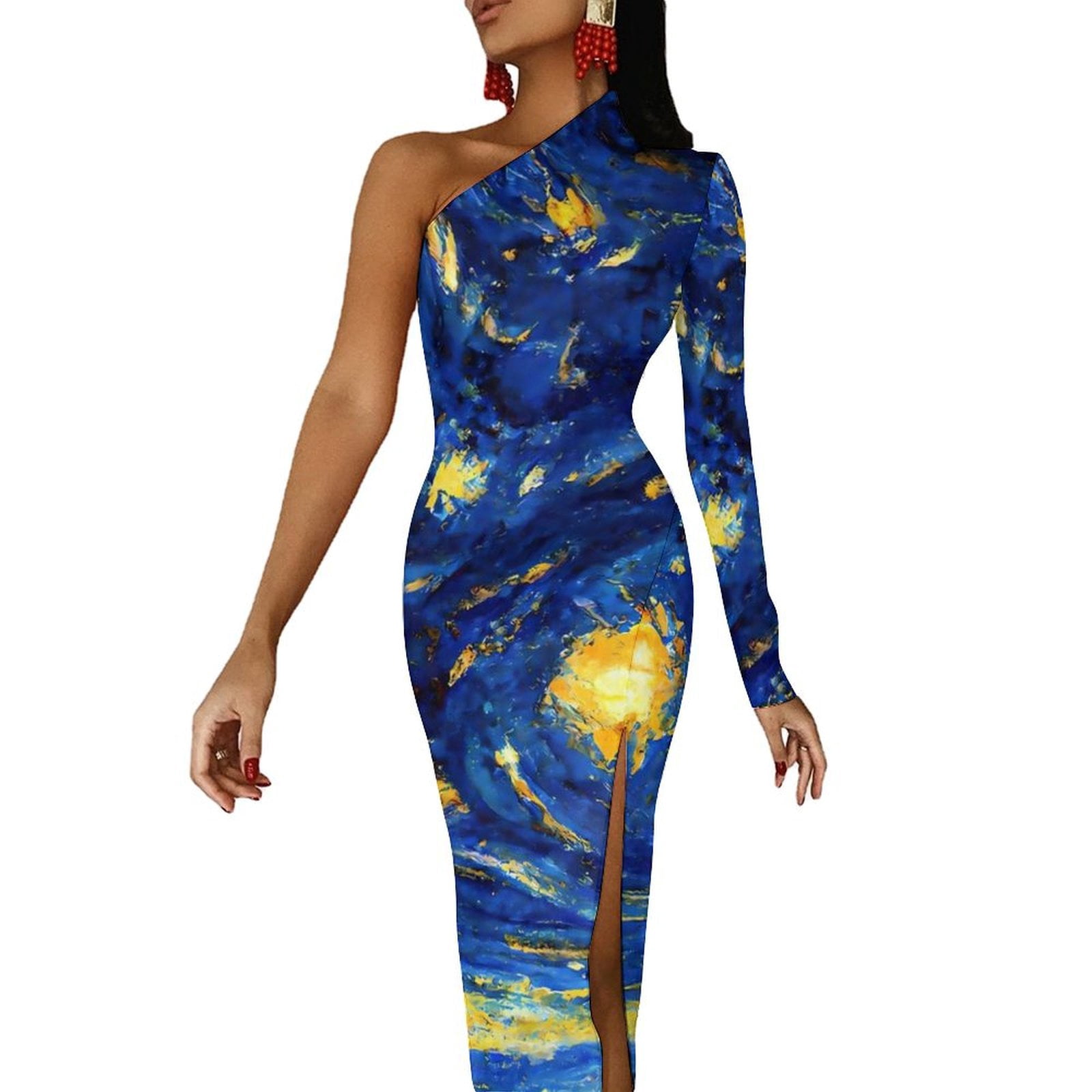 Starry Night Sky Maxi Dress Long Sleeve Magical Galaxy Modern Bodycon ...