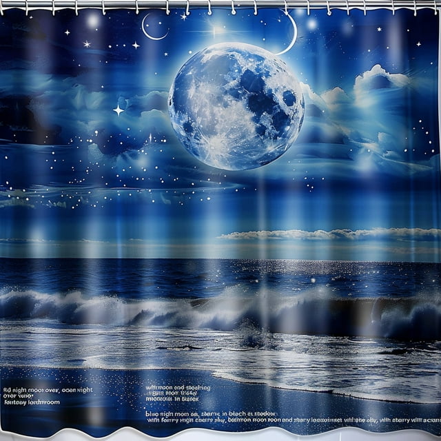 Starry Night Sky Moon and Ocean Waves Bathroom Curtain Set Fantasy ...