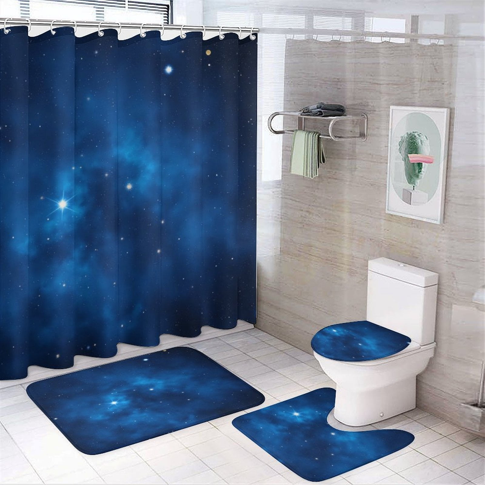Starry Night Sky Nebula Shower Curtain Set Modern Bathroom Decor Mats ...