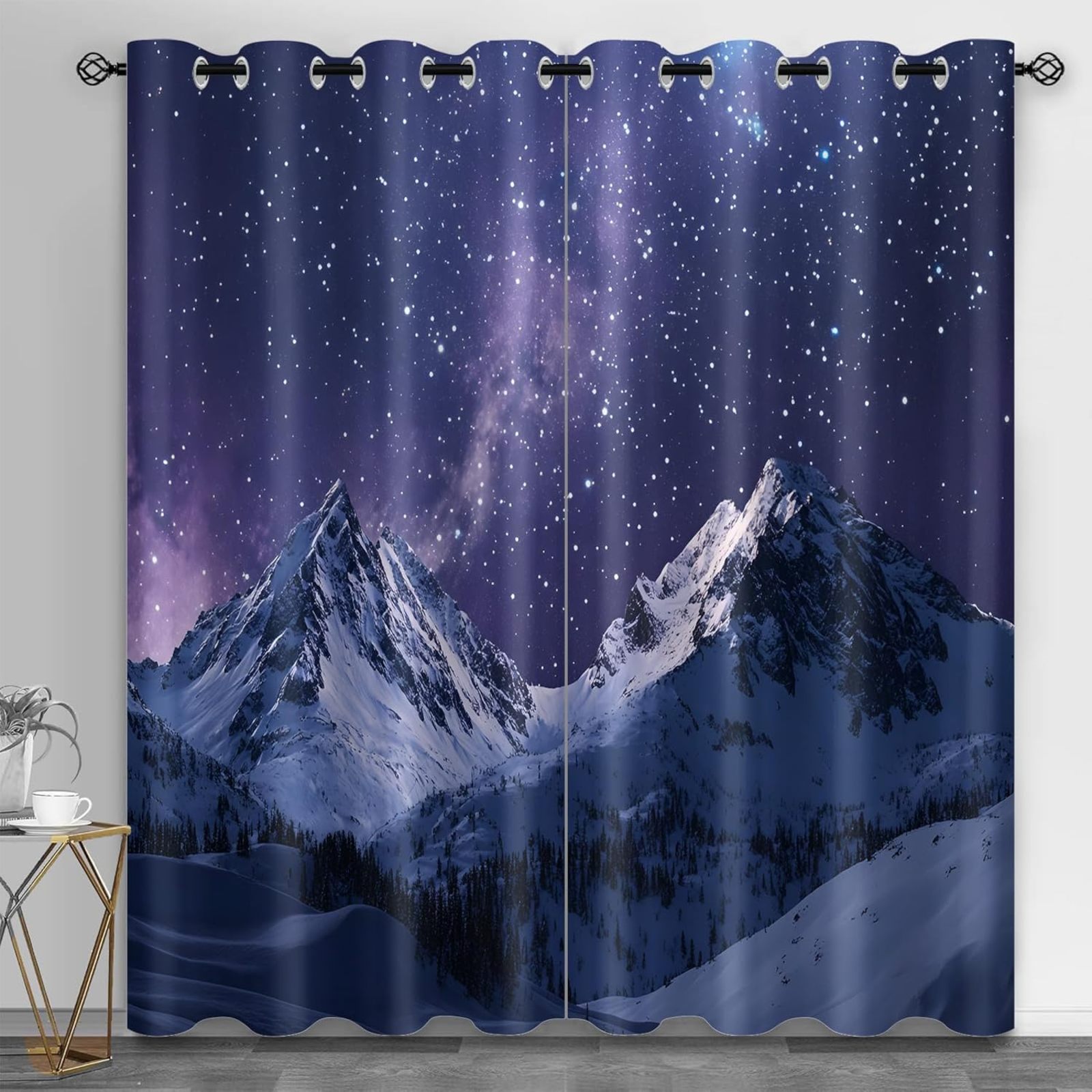 Starry Night Sky Print Curtain, Snow Mountain Blackout Window Curtain ...
