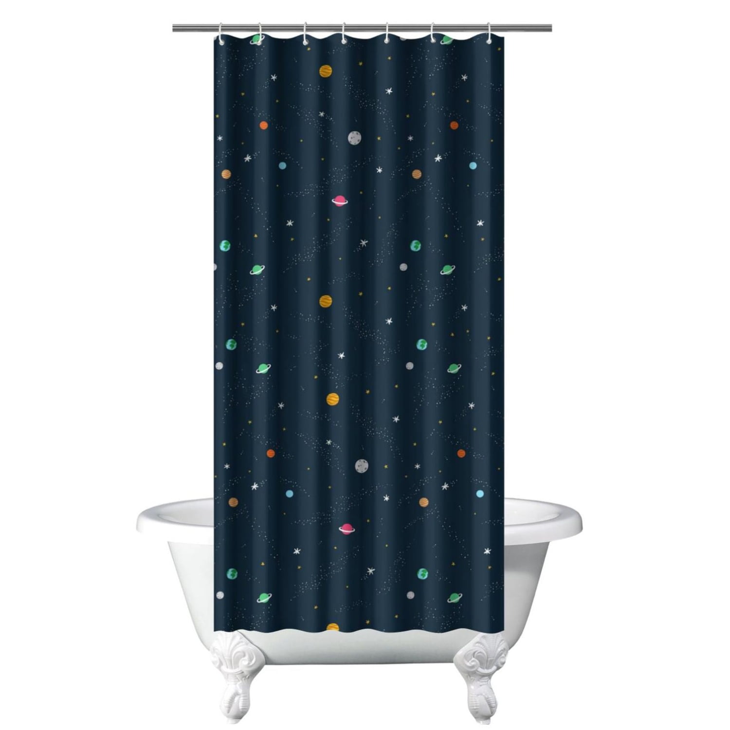 Starry Night Sky Shower Curtain Space Galaxy Theme Moon Stars Sun Sci-Fi Lovers Machine Washable ...
