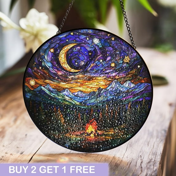 Starry Night Stained Glass Panel - Moonlit Mountain Landscape and ...