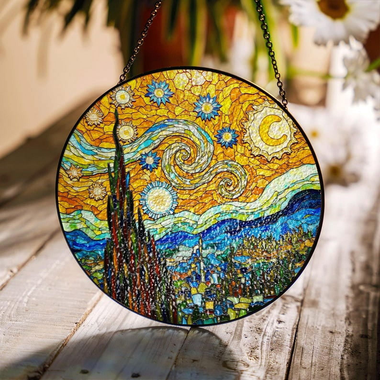 Starry Night Stained Glass Suncatcher Vintage Art Glass Home Decor Gift ...