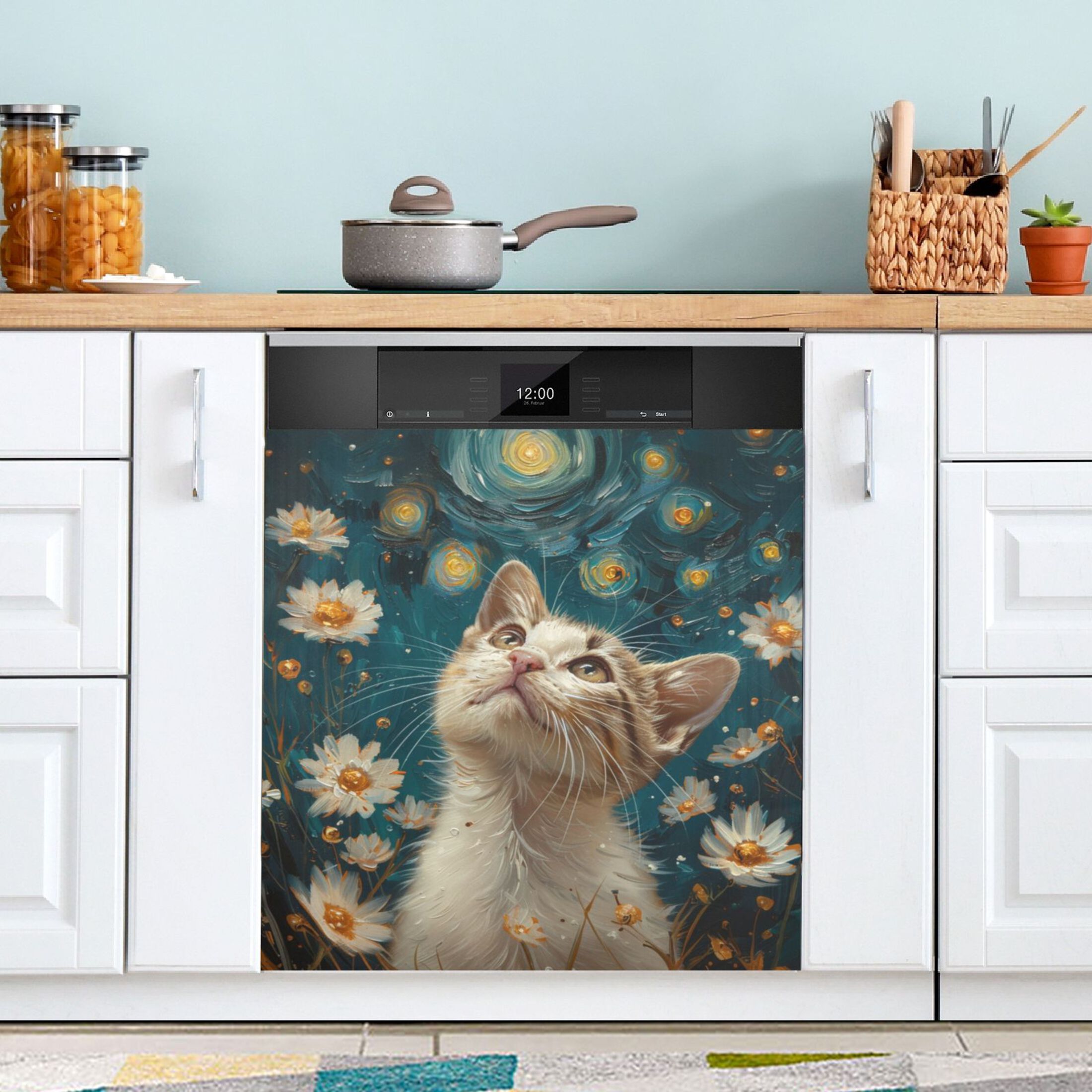 Starry Night Style Cat and Daisies Dishwasher Magnet Refrigerator ...