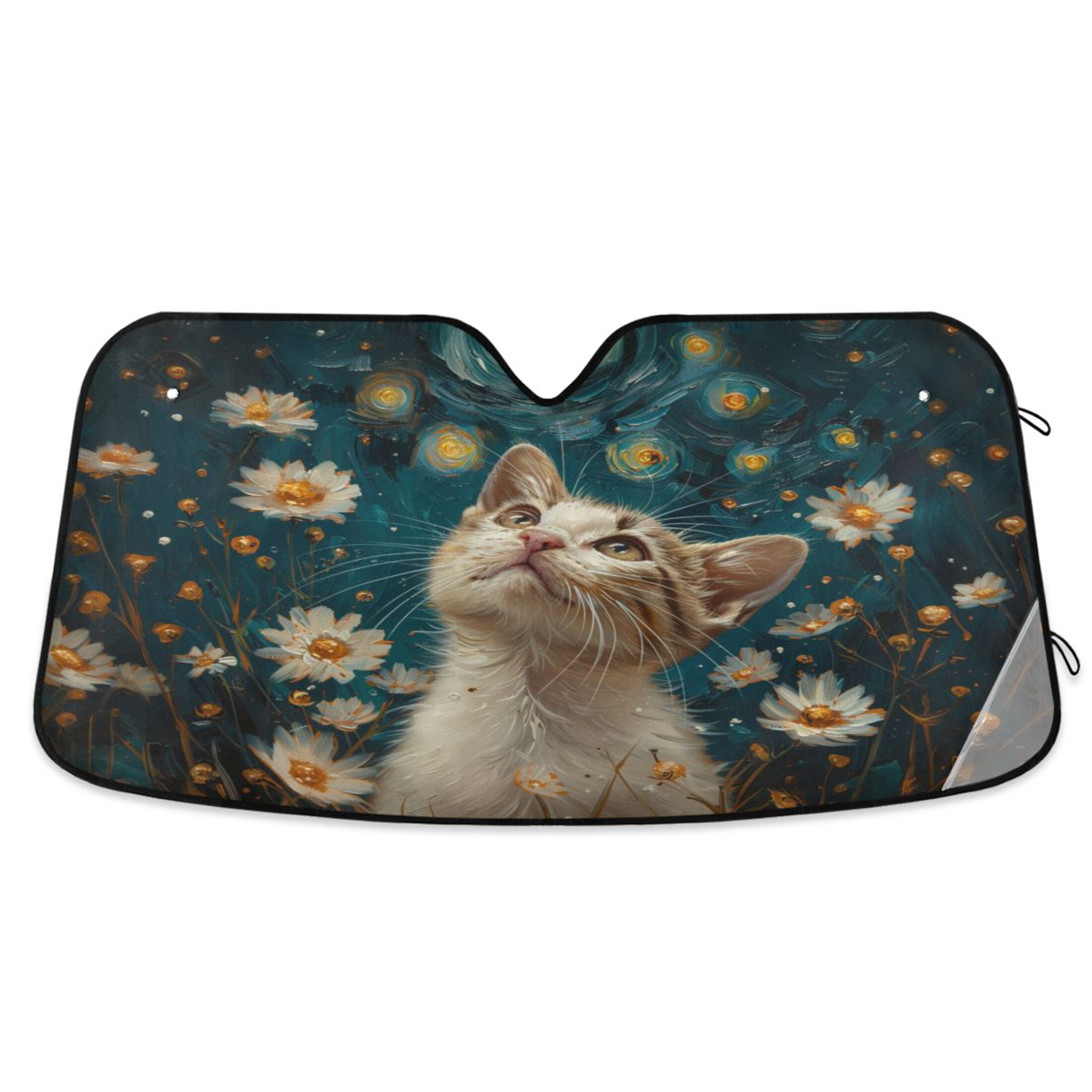 Starry Night Style Cat and Daisies Windshield Sun Shade Automobile ...
