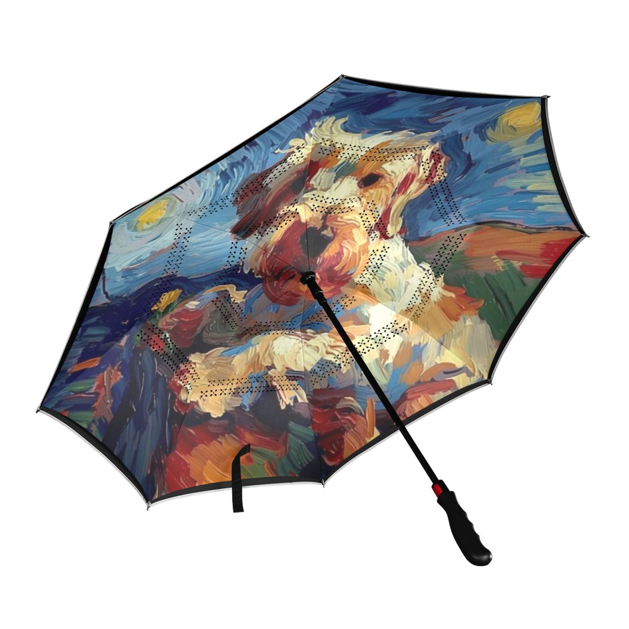 Starry Night Style Dog Oil Painting Automatic Reverse Umbrella Parasol ...