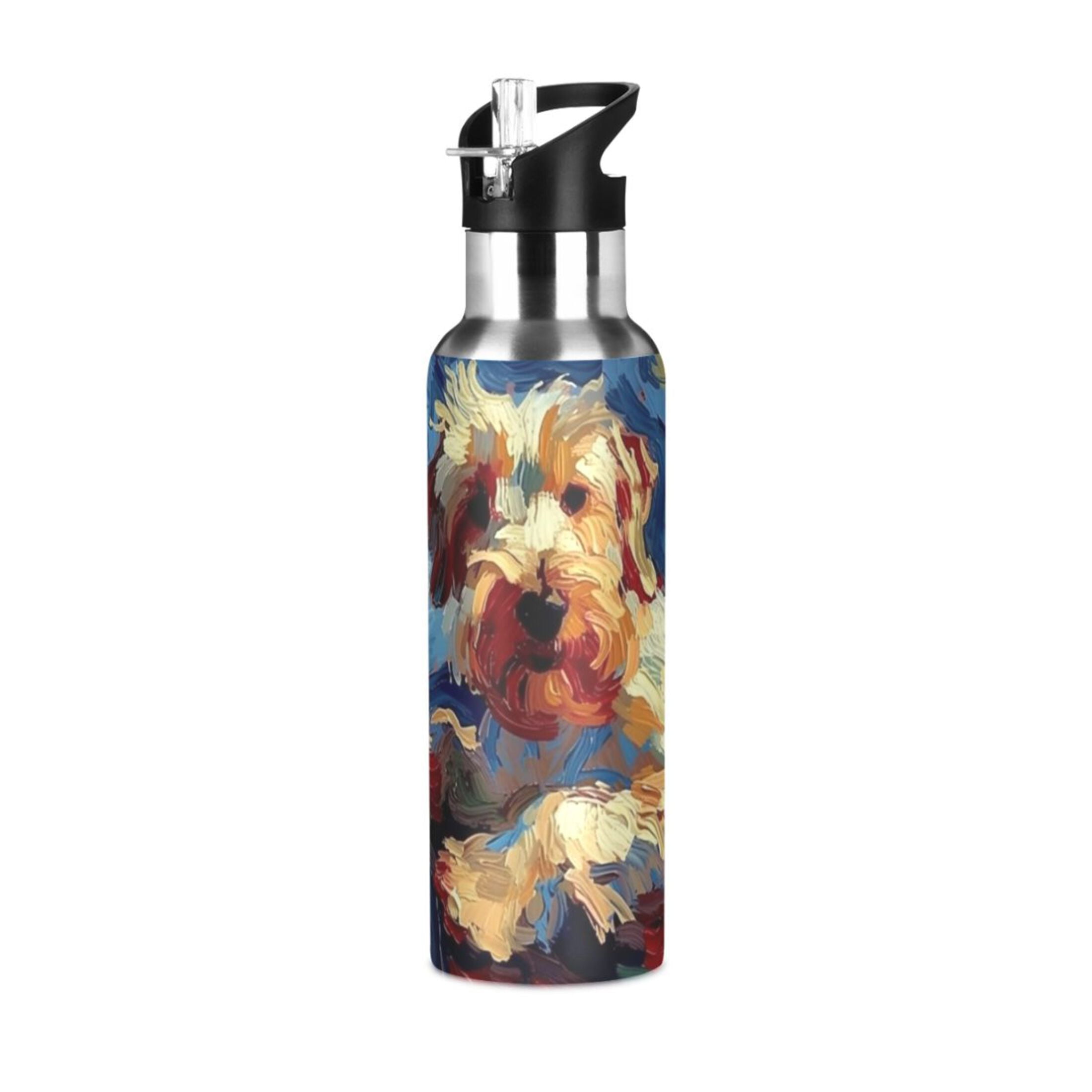 Starry Night Style Dog Oil Painting Sports Bottle with Straw Stainless Steel Water Jug Portable ...