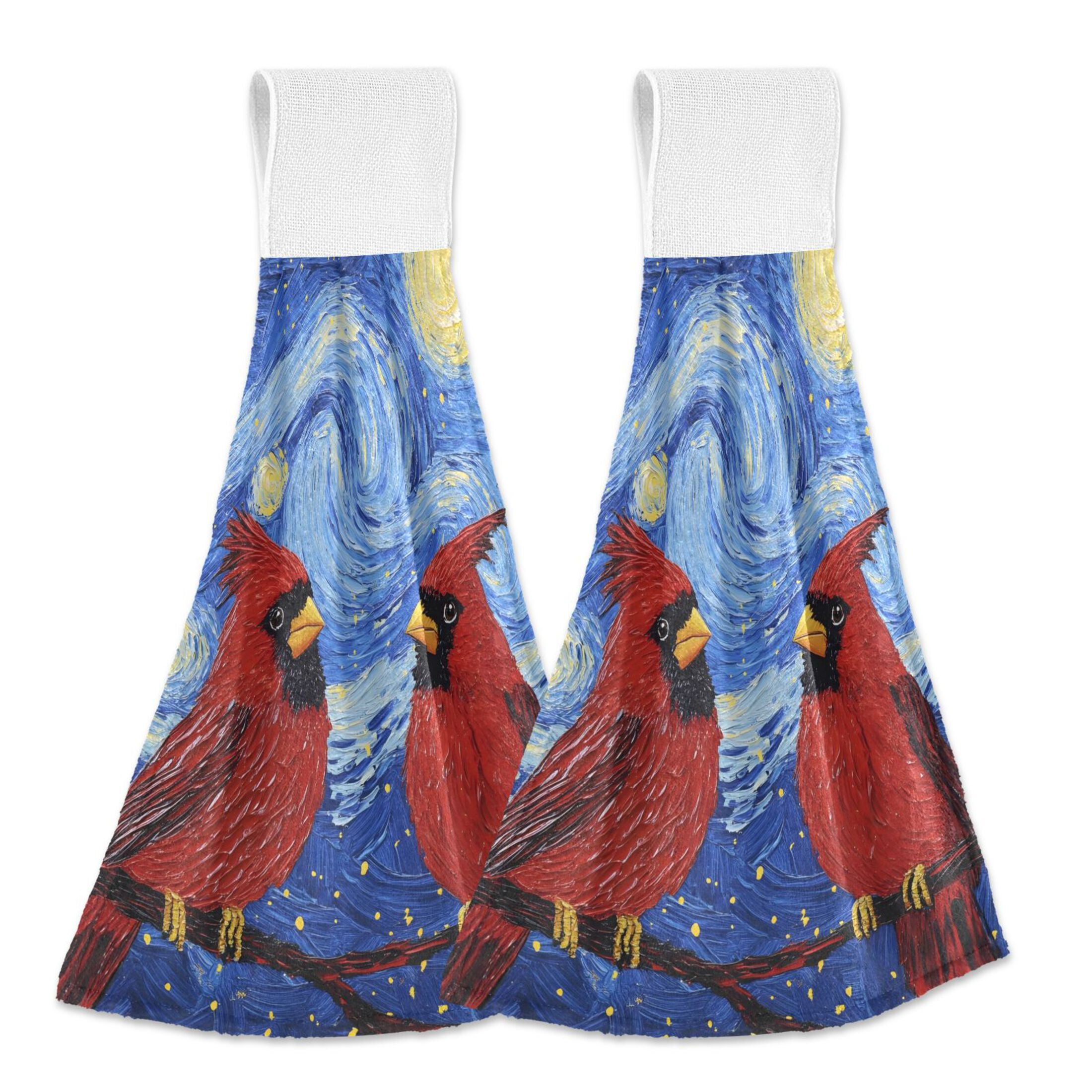 Starry Night Style Red Birds Hanging Towels with Loop Hand Towels Nylon ...