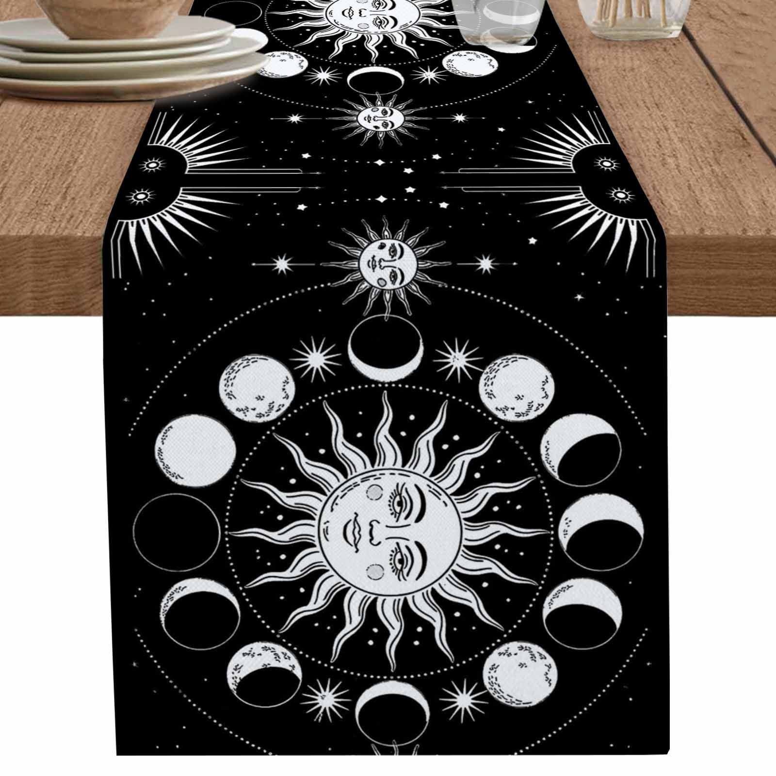 Starry Night Sun and Moon Phases Table Runner-70 Inch Long Mysterious ...