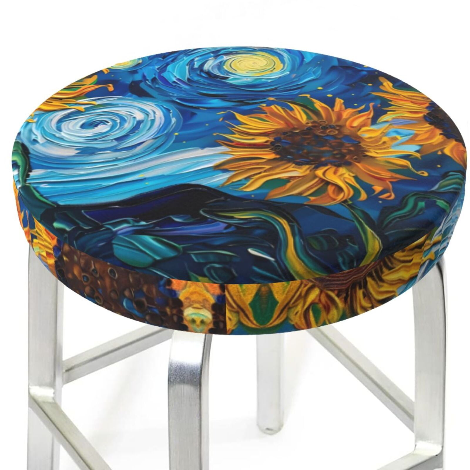 Starry Night Sunflower Field Bar Stool Covers - Stretch Round Seat ...