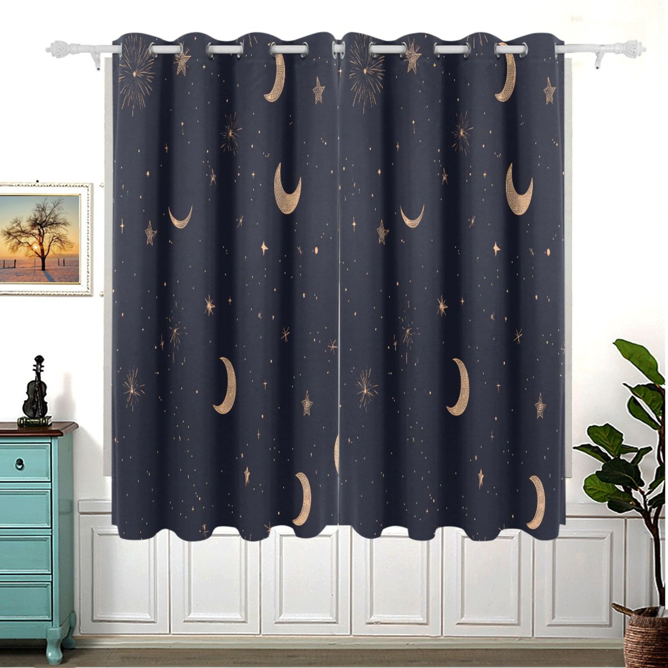 Starry Night Thermal Blackout Curtains 63x55 Inch 2 Panels Grommet ...